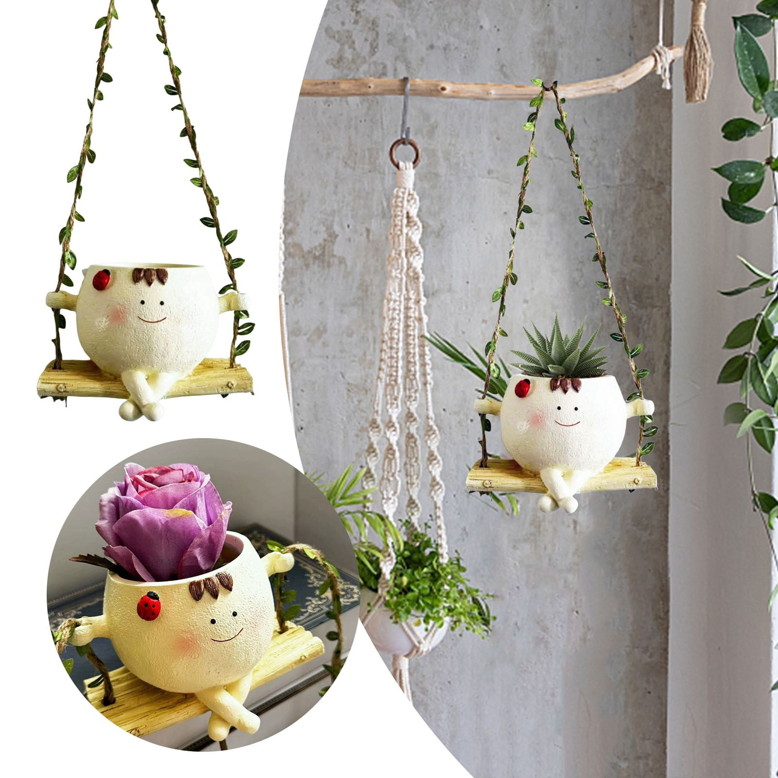 Replio Hanging Swing Chair Planter Pot Resin Face Planter For Indoor ...