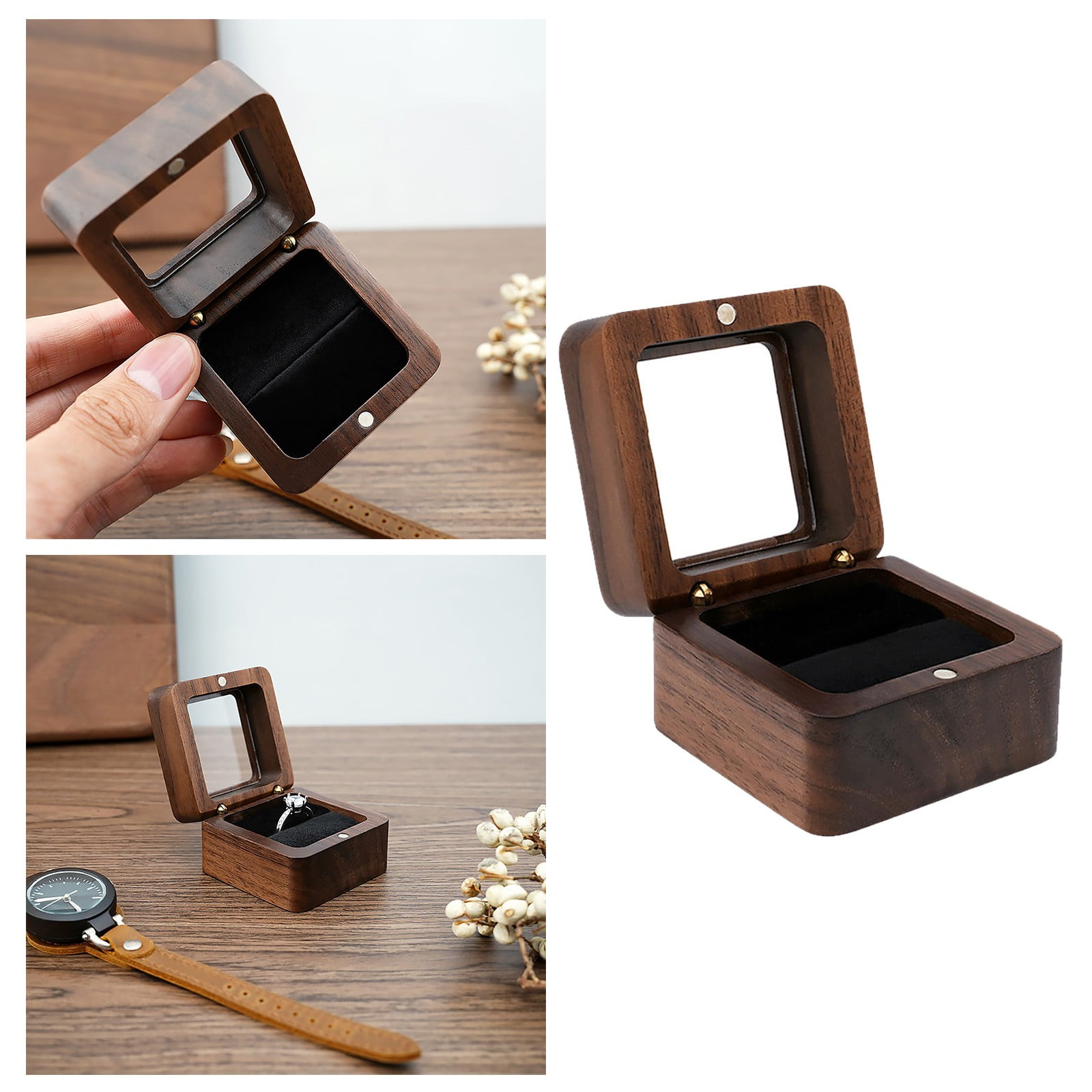 Replio Wooden Ring Box Square Wedding Ring Box Single Slot Mini ...