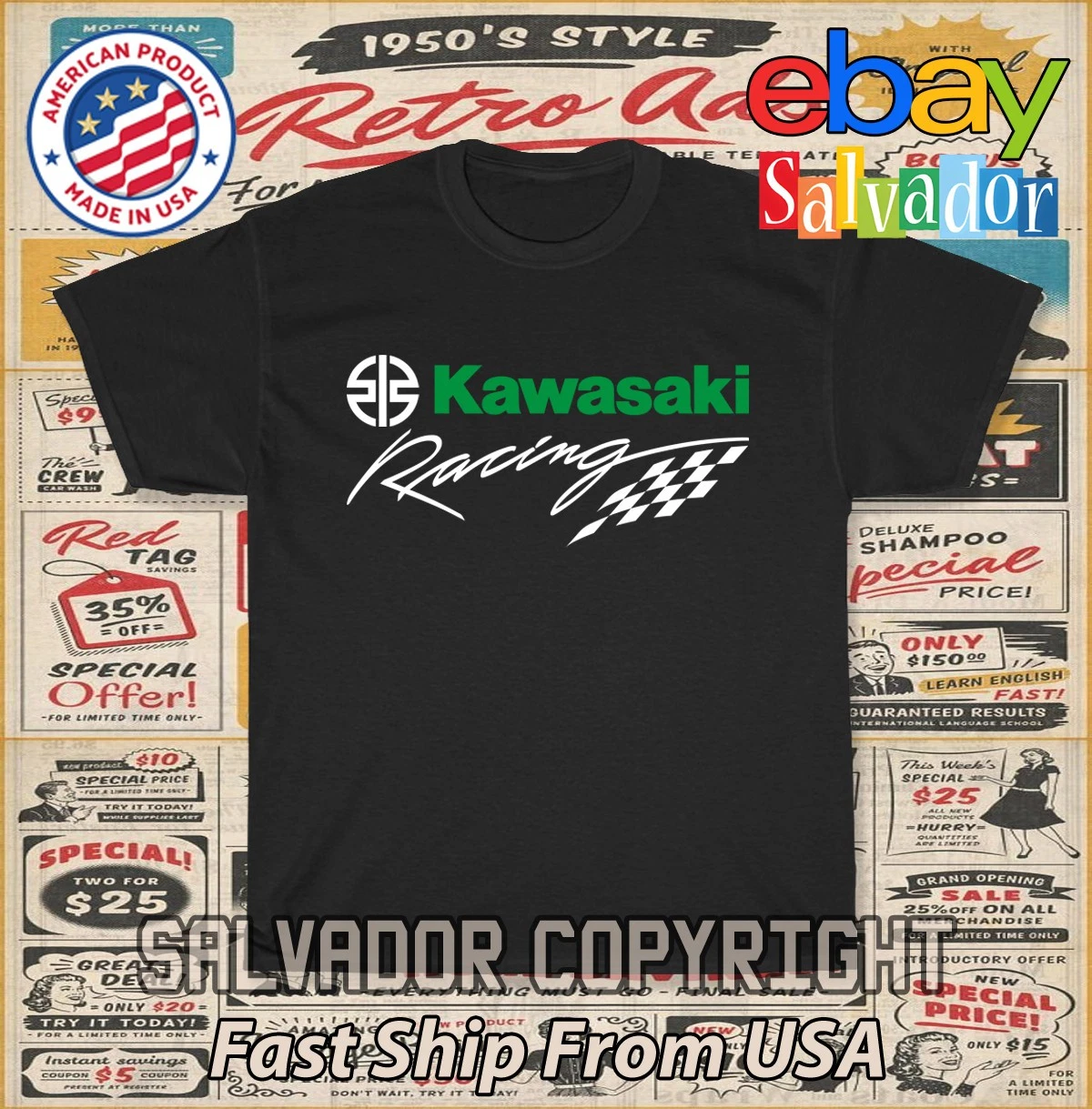 Reprint Rare New Tee Shirt Kawasaki Racing Motorcycles Logo Men's T ...