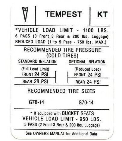 Reproduction Tire Pressure Decal 1970 Pontiac GTO LeMans and Tempest ...
