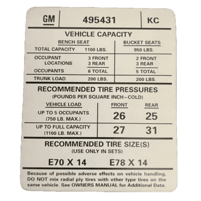 Reproduction Tire Pressure Decal 1974 Pontiac GTO and LeMans Models ...