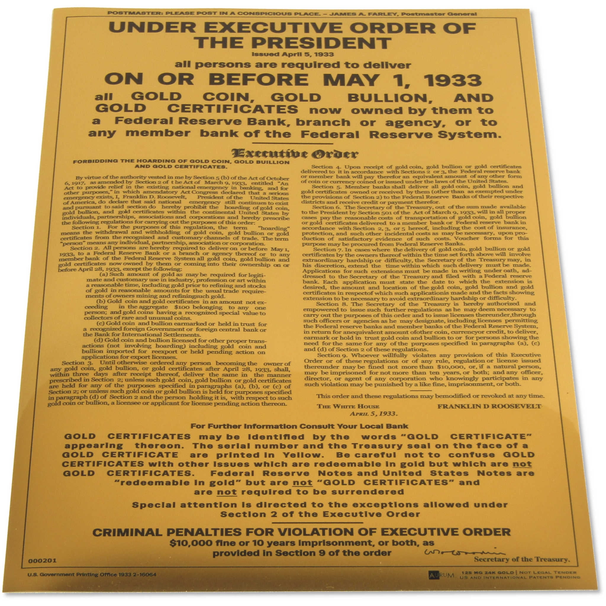 Reproduction of FDR's 1933 Gold Recall Order 0.125 g 24K Gold ...