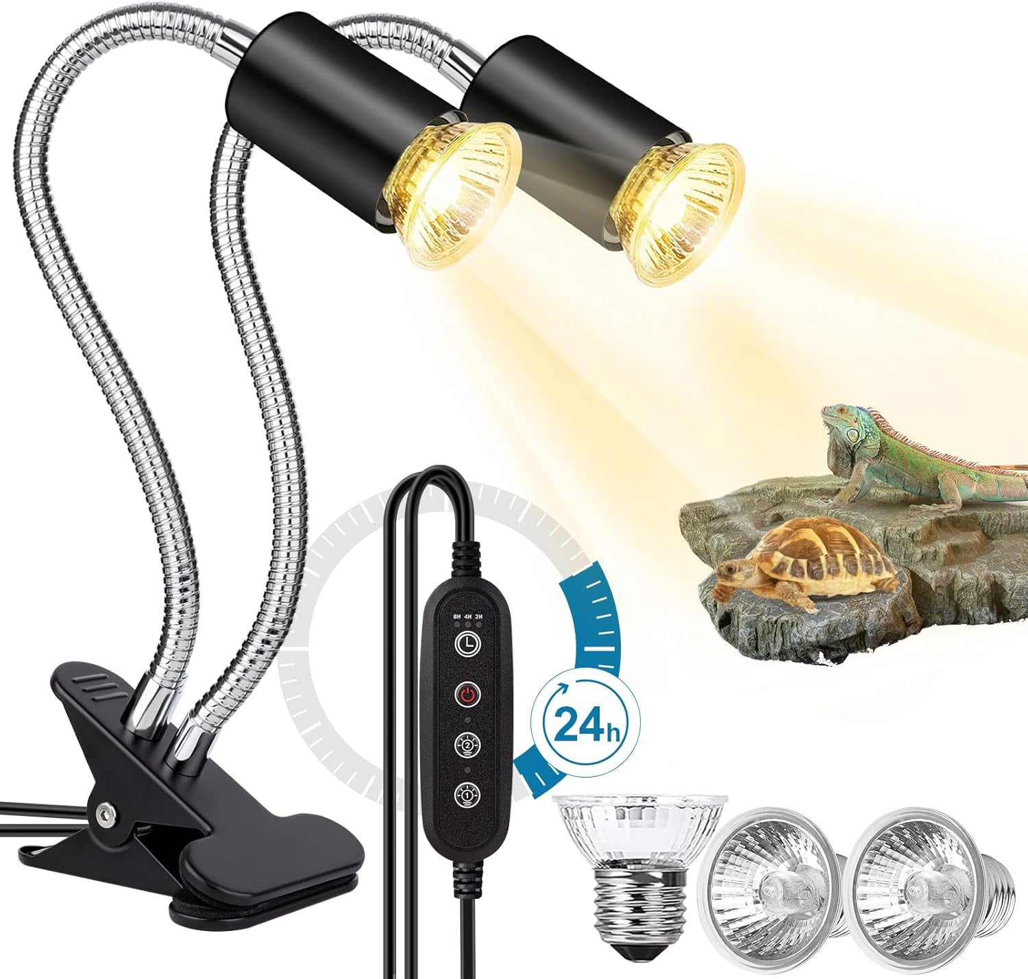 Reptile Heat Lamp,Aquarium Turtle Tank Basking Light,with 360° Rotatable Hose and Timed,UVA UVB ...