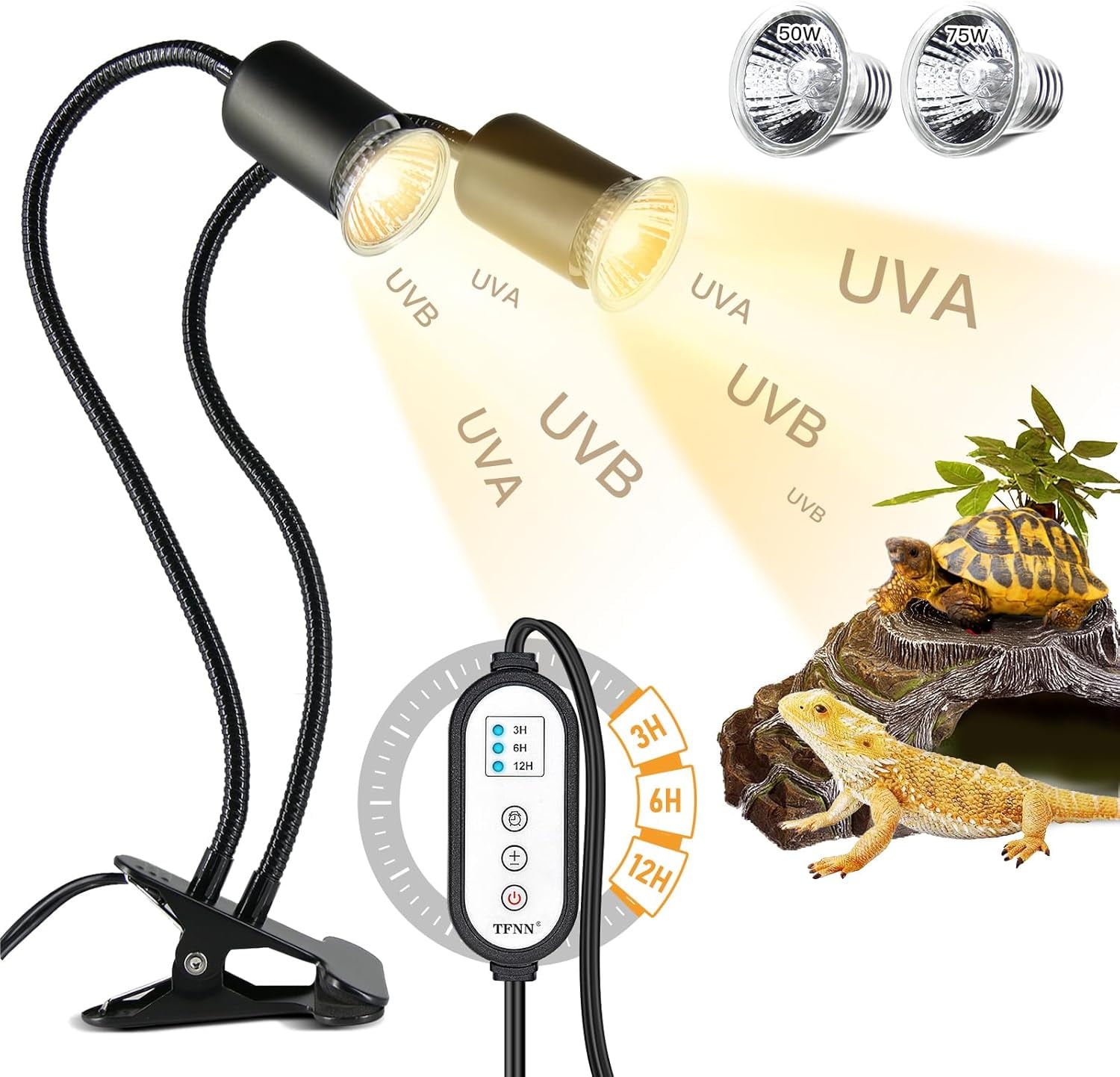 Reptile Heat Lamp, Double Head Heat Lamp with Clip, UVA UVB Reptile Lamp with Smart Cycle Timer ...