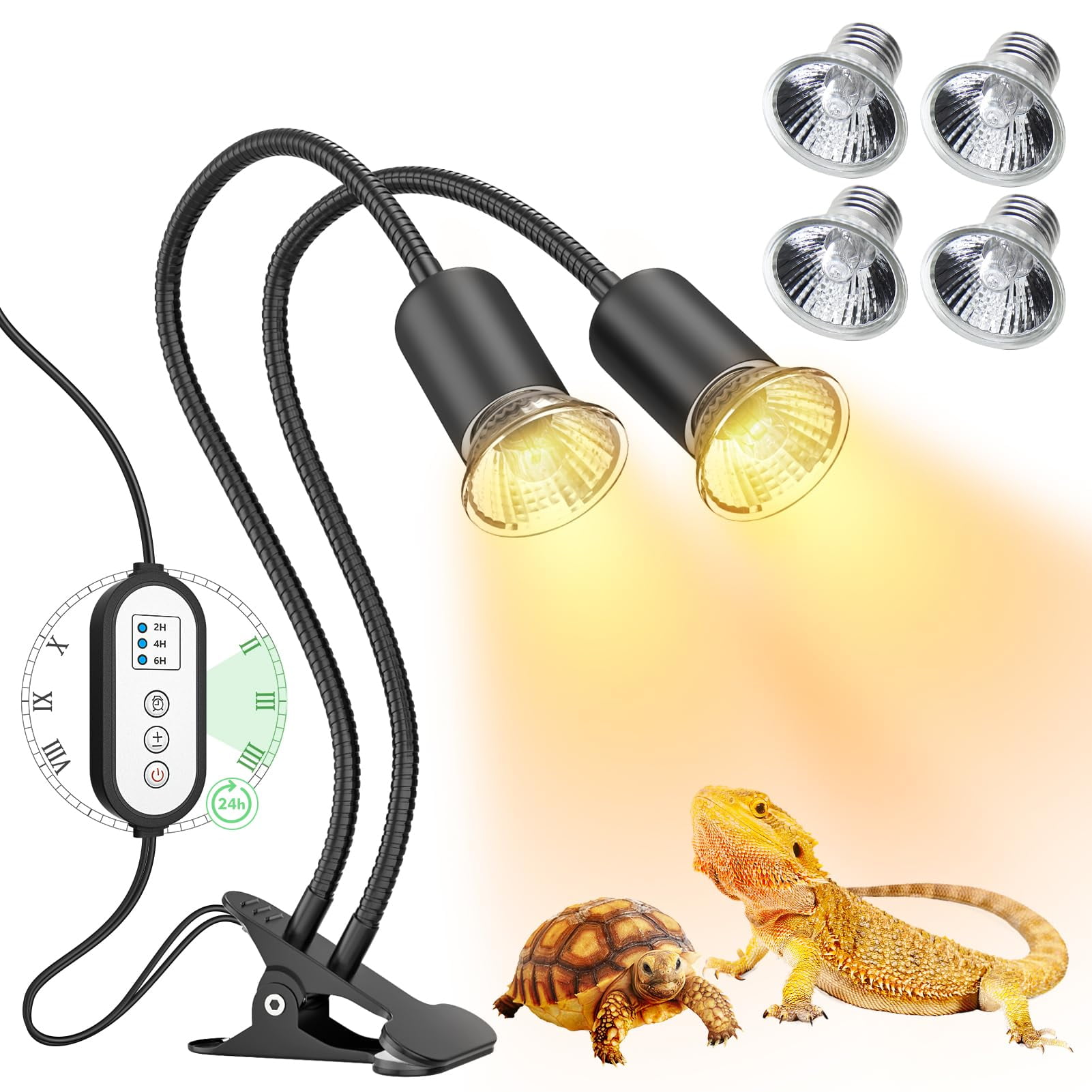 Reptile Heat Lamp, Dual-Head UVA/B Reptile Light with Cycle Timer, Basking Light for Reptile ...
