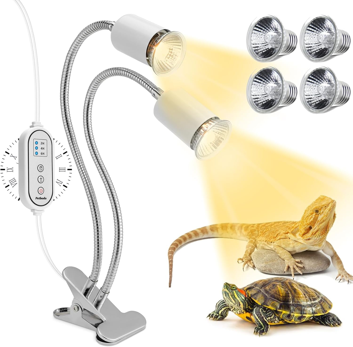 Reptile Heat Lamp, Dual Head UVA/UVB Reptile Light with Cycle Timer, Dimmable Basking Light for ...