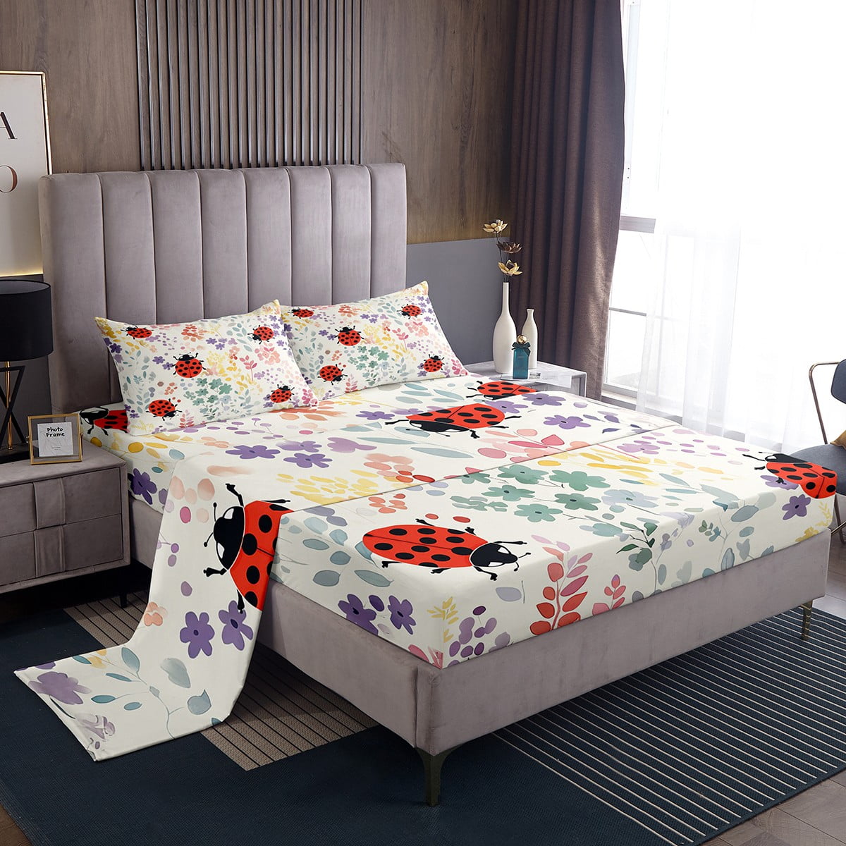Reptile Ladybug Full Bed Sheets Set,Cute Floral Ladybug Bedding Set for ...