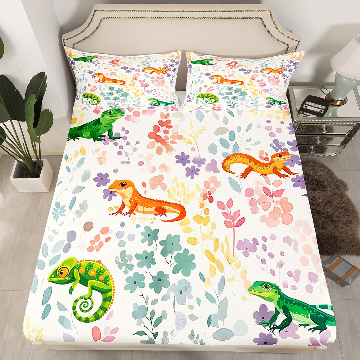 Reptile Lizard Bedding Set Twin Size,Cartoon Gecko Chameleon Fitted ...
