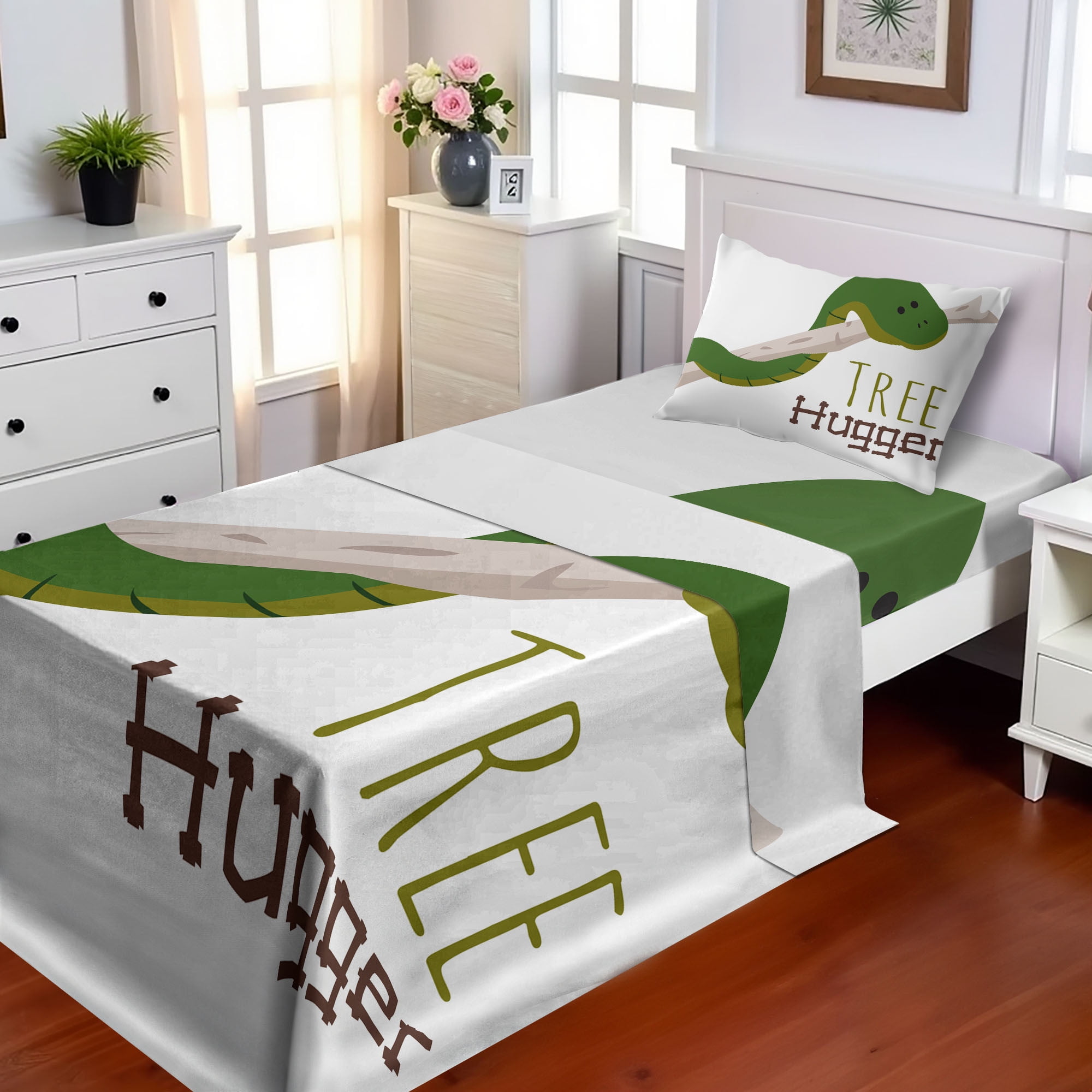 Ambesonne Funny Fitted & Top Sheet Set with Sham, Cartoon Snake Mascot ...