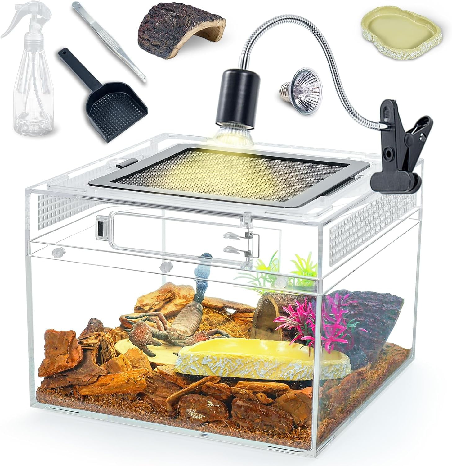Reptile Tank Kit with Heat Lamp, Spray Bottle, Shovel, Tweezers, Food ...