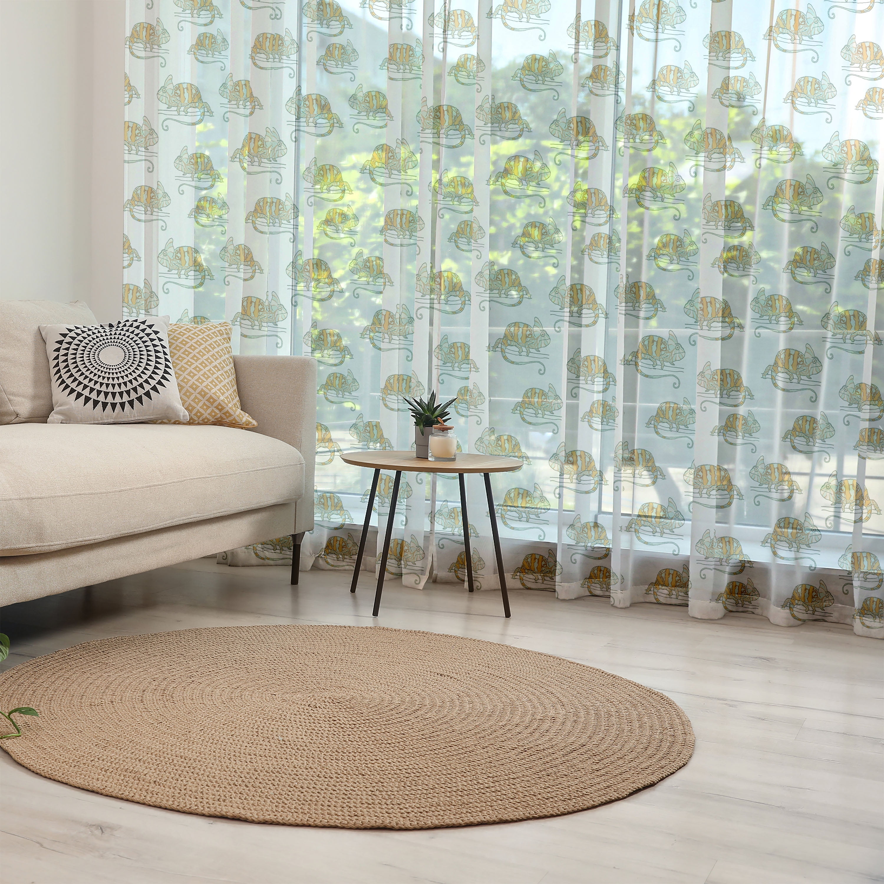 Reptile Tulle Curtains with Rod Pocket, Colorful Chameleon with Lines ...