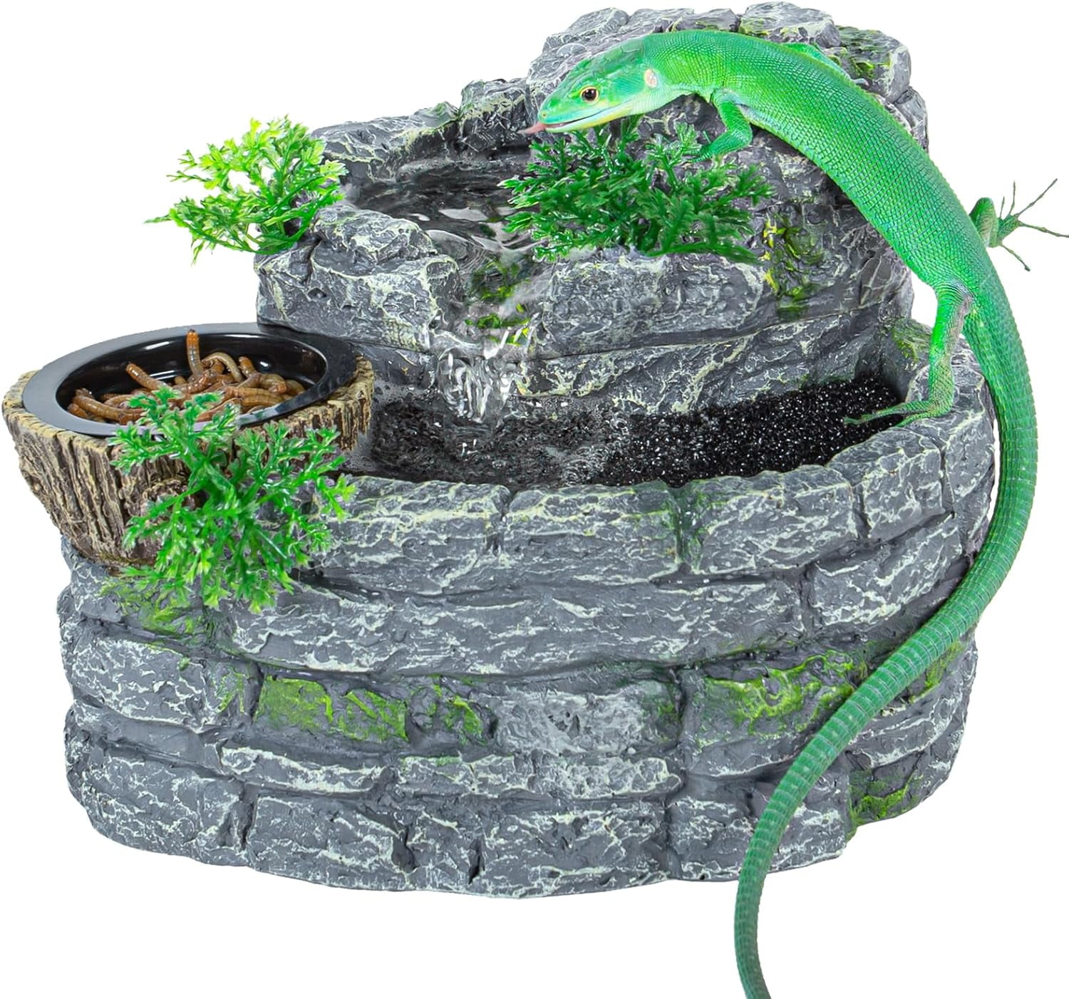 Reptile Water Fountain with Food Dish, 550ML Terrarium Waterfall ...