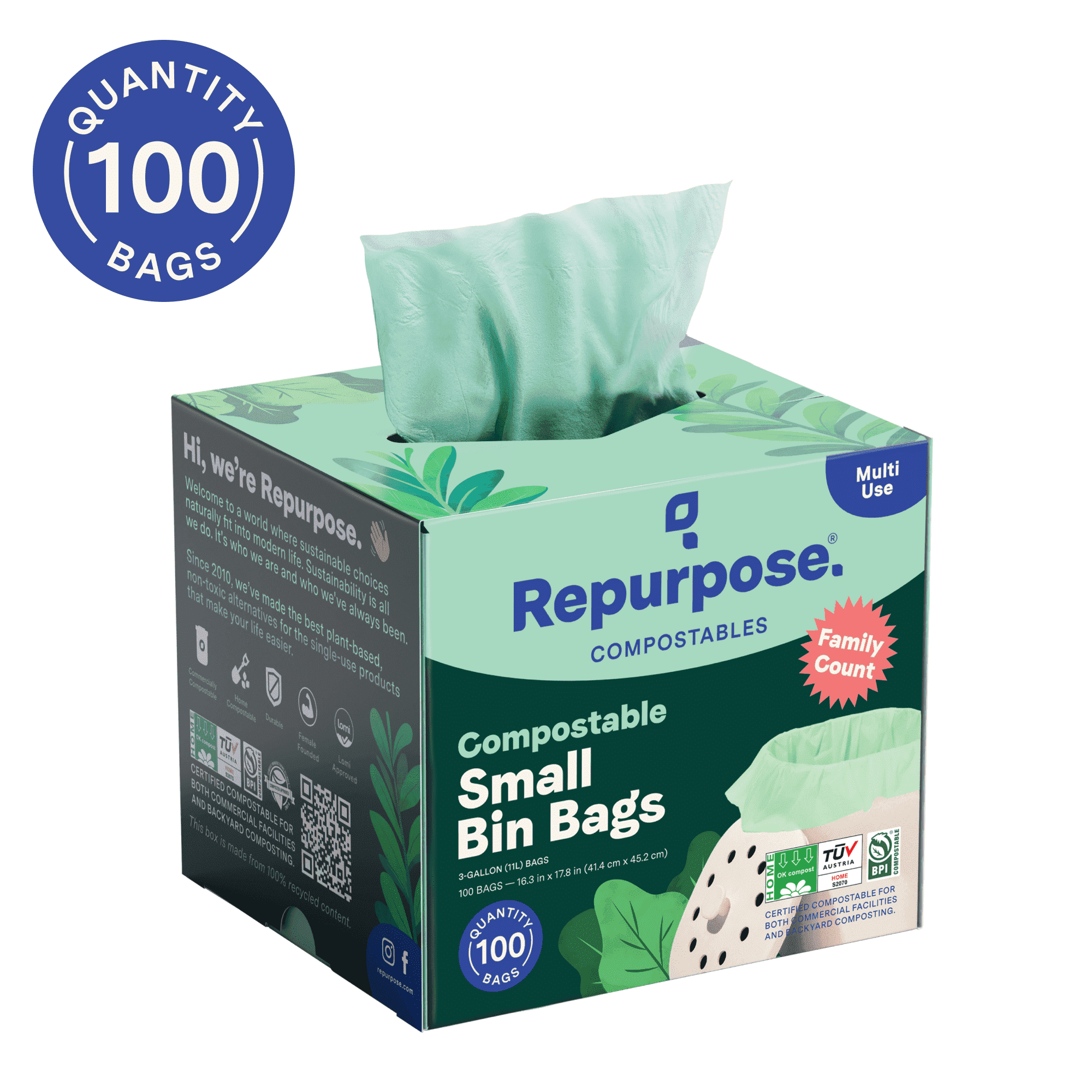 Repurpose 100% Compostable 3-Gallon Small Bin Trash Bags | 100 Bags, 1 ...