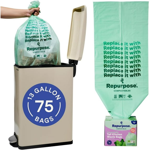 Repurpose 13 Gallon Compostable Kitchen Trash Bags, 75 Bags, BPI ...
