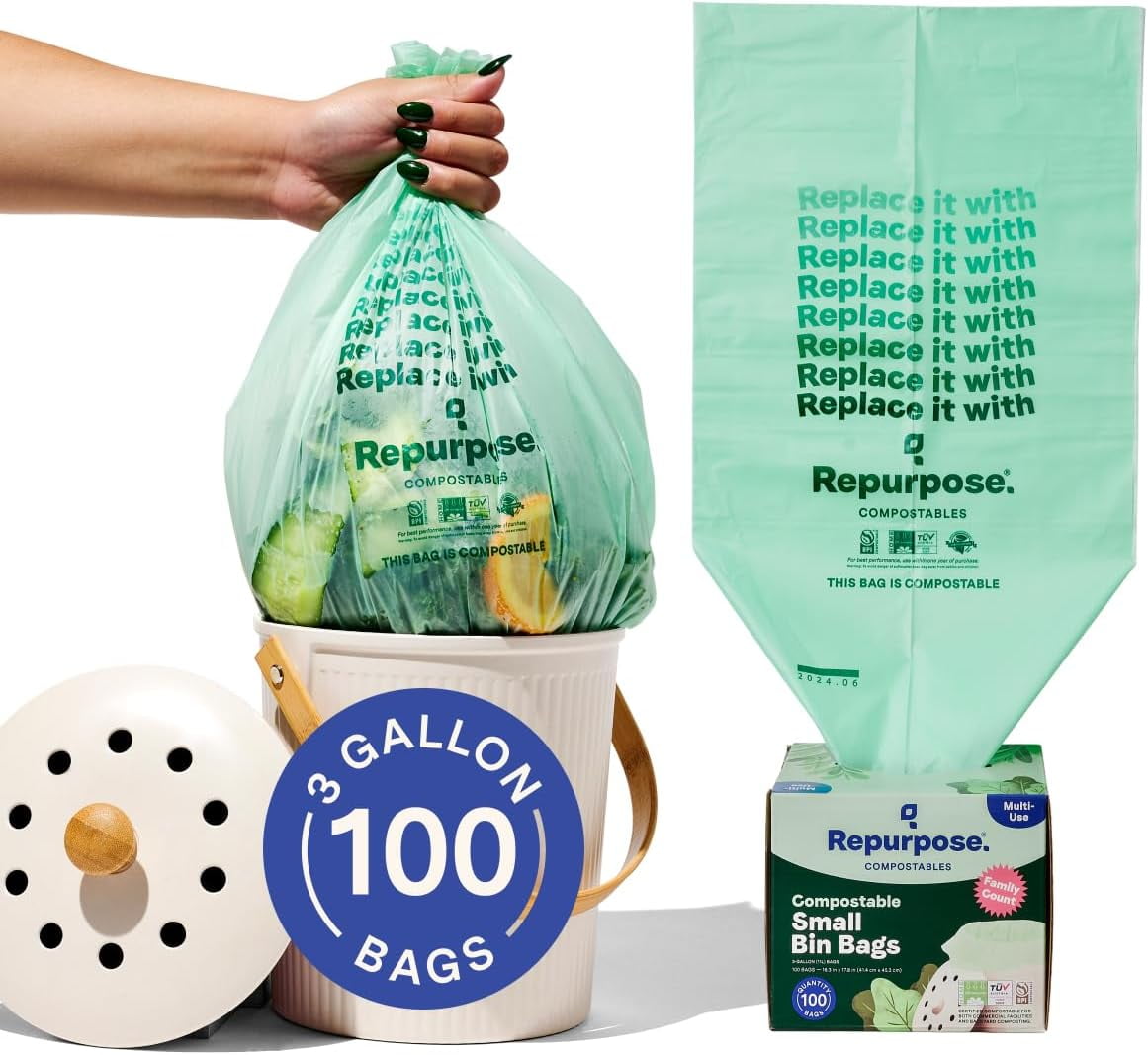 Repurpose 3 Gallon Compostable Small Bin Trash Bags, 100 Bags, BPI ...