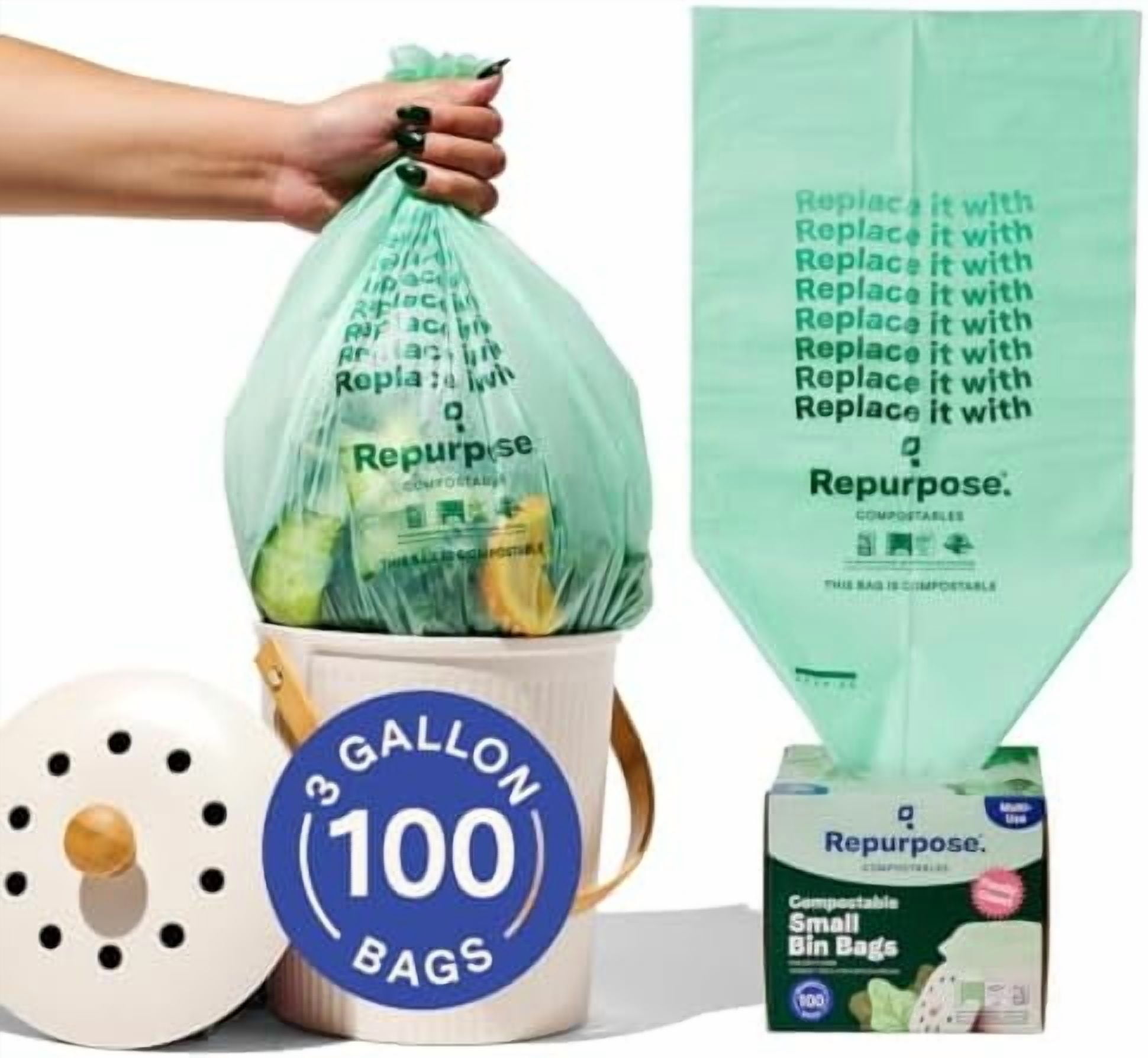 Repurpose 3 Gallon Compostable Small Bin Trash Bags, 100 Bags, BPI ...