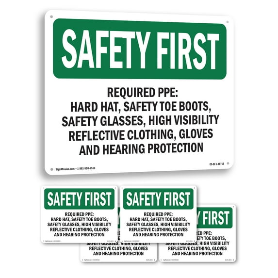 Required PPE Hard Hat Safety Toe Boots OSHA SAFETY FIRST Aluminum Sign ...