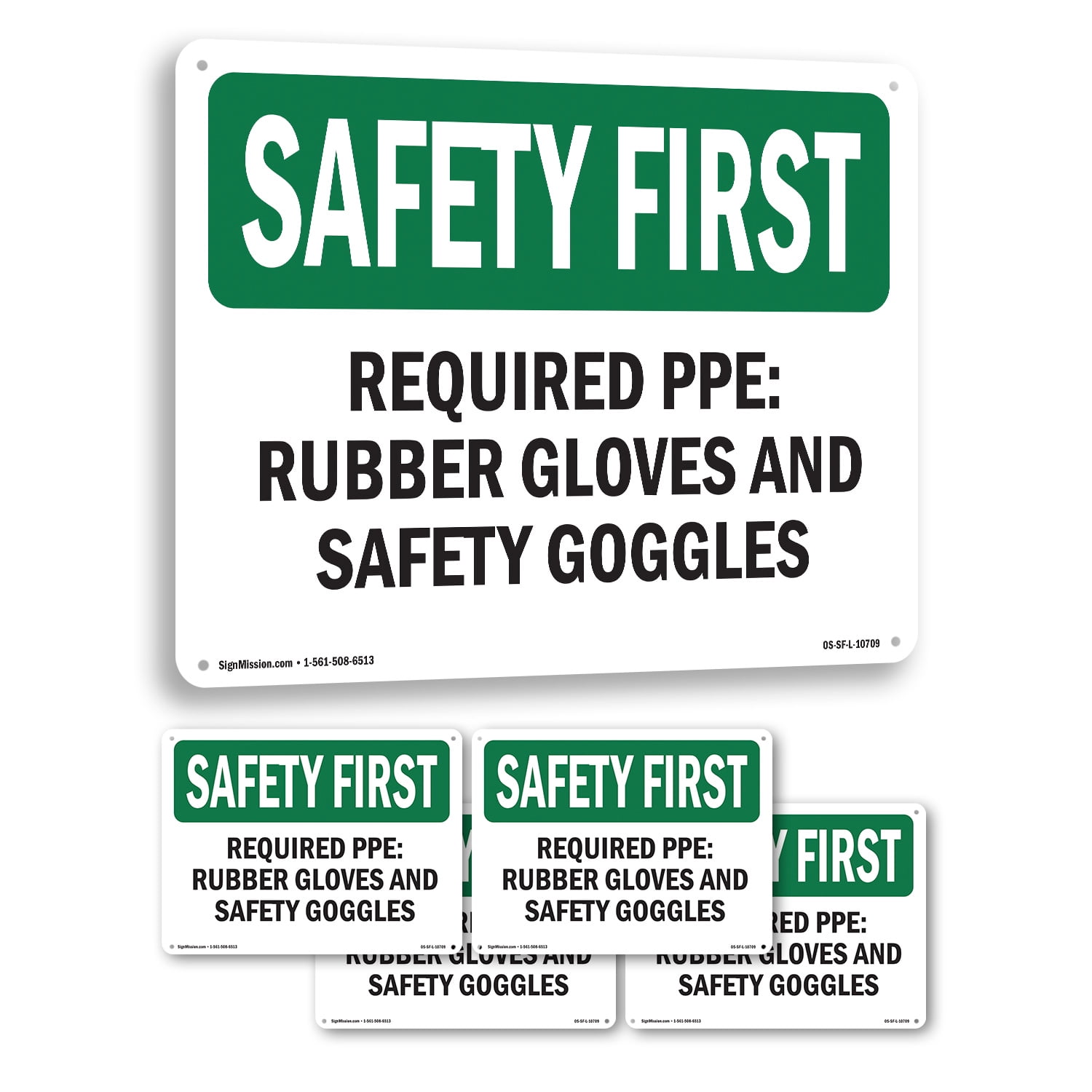 Required PPE Rubber Gloves And Safety Goggles OSHA SAFETY FIRST Rigid ...