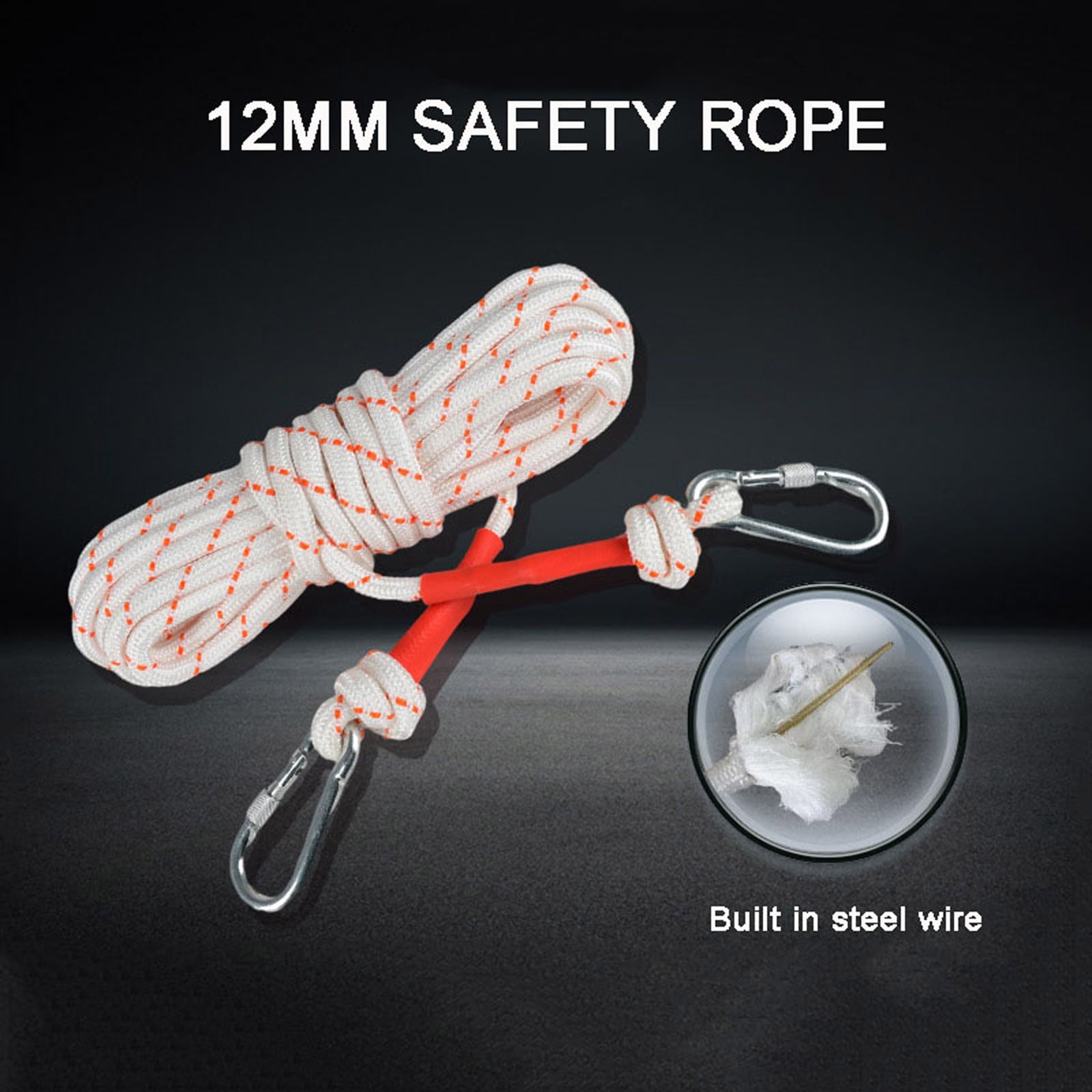 Rescue Rope 12mm Double Hook Steel Core | Outdoor Climbing Safety Rope | Nylon Red White | Slow ...