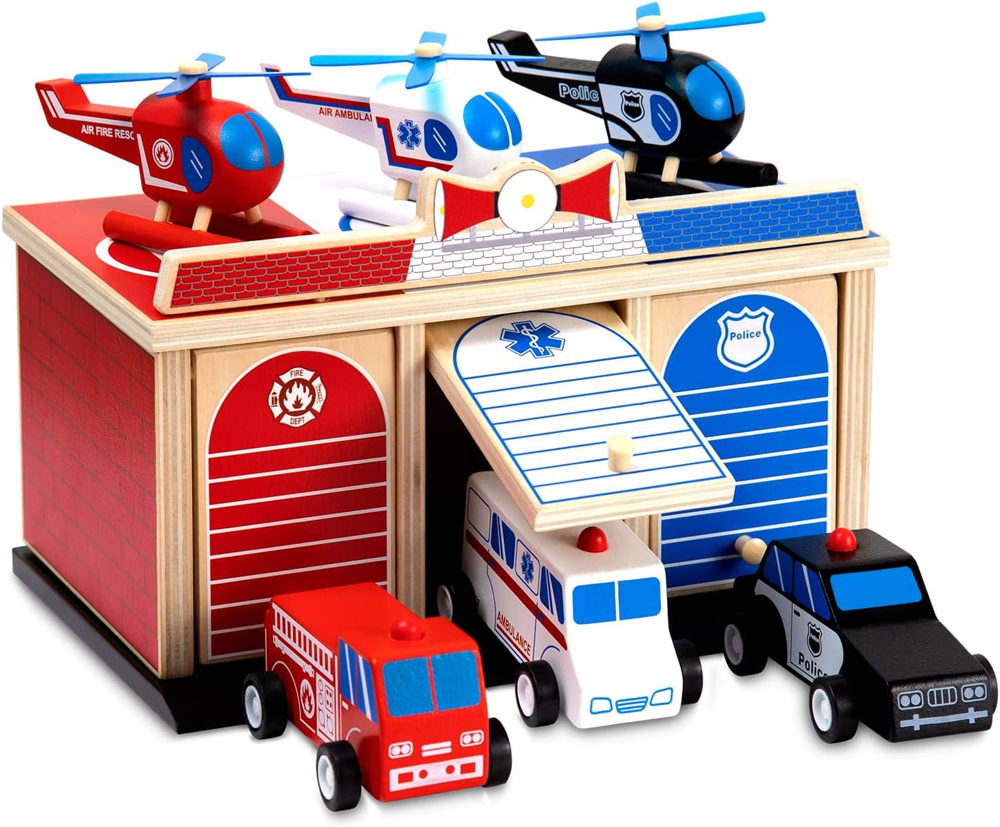 Rescue Station Kids Playset - 2-Level, 3-Bay Parking Garage Toy Set ...