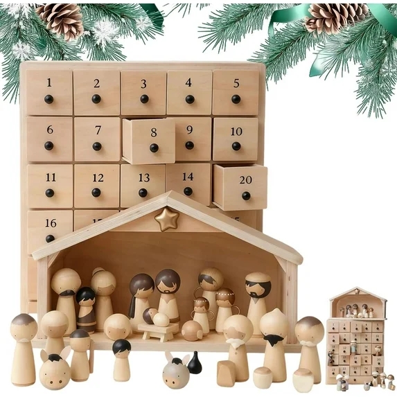 The Rescuer Nativity Advent Set, Wooden Calendar Advent with 25 Drawers ...