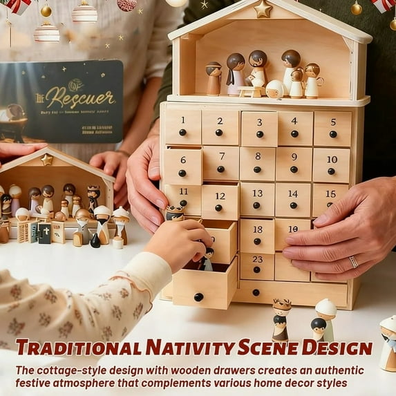 The Rescuer Nativity Advent Set, Wooden Calendar Advent with 25 Drawers ...