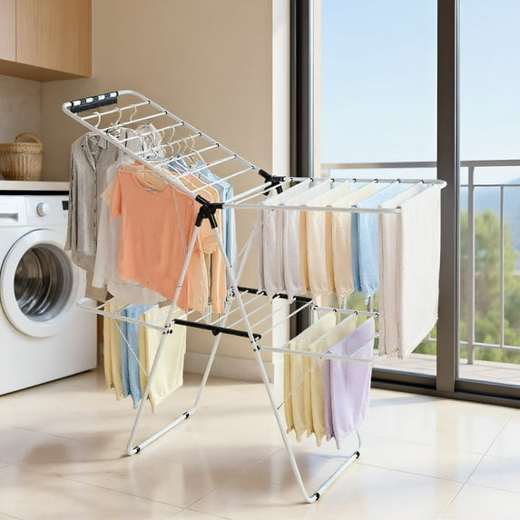 Resenkos 2-Level Foldable Clothes Drying Rack with Adjustable Gullwing ...