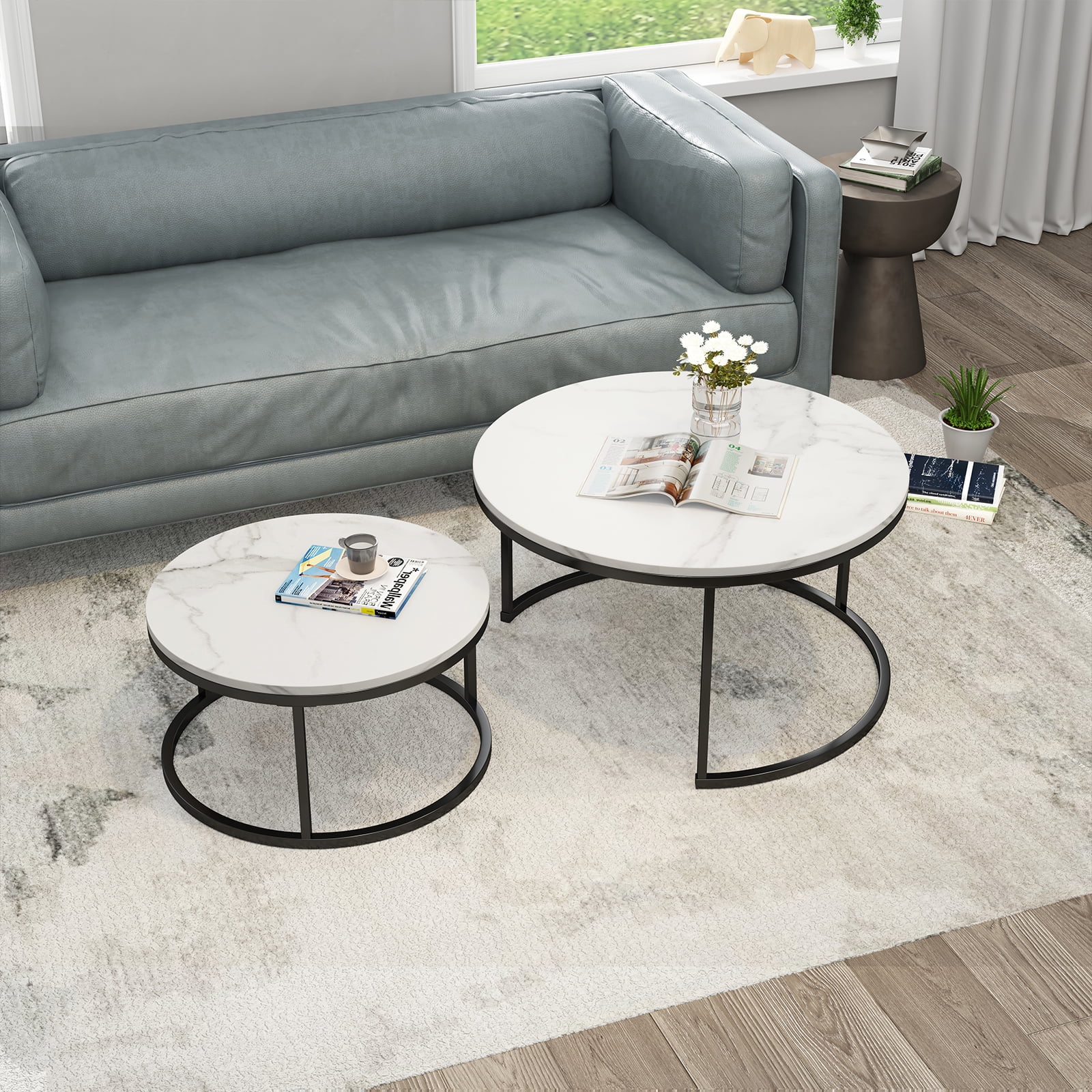 Resenkos 2-Piece Coffee Set, Round Marble Nesting Table with Top Gold ...