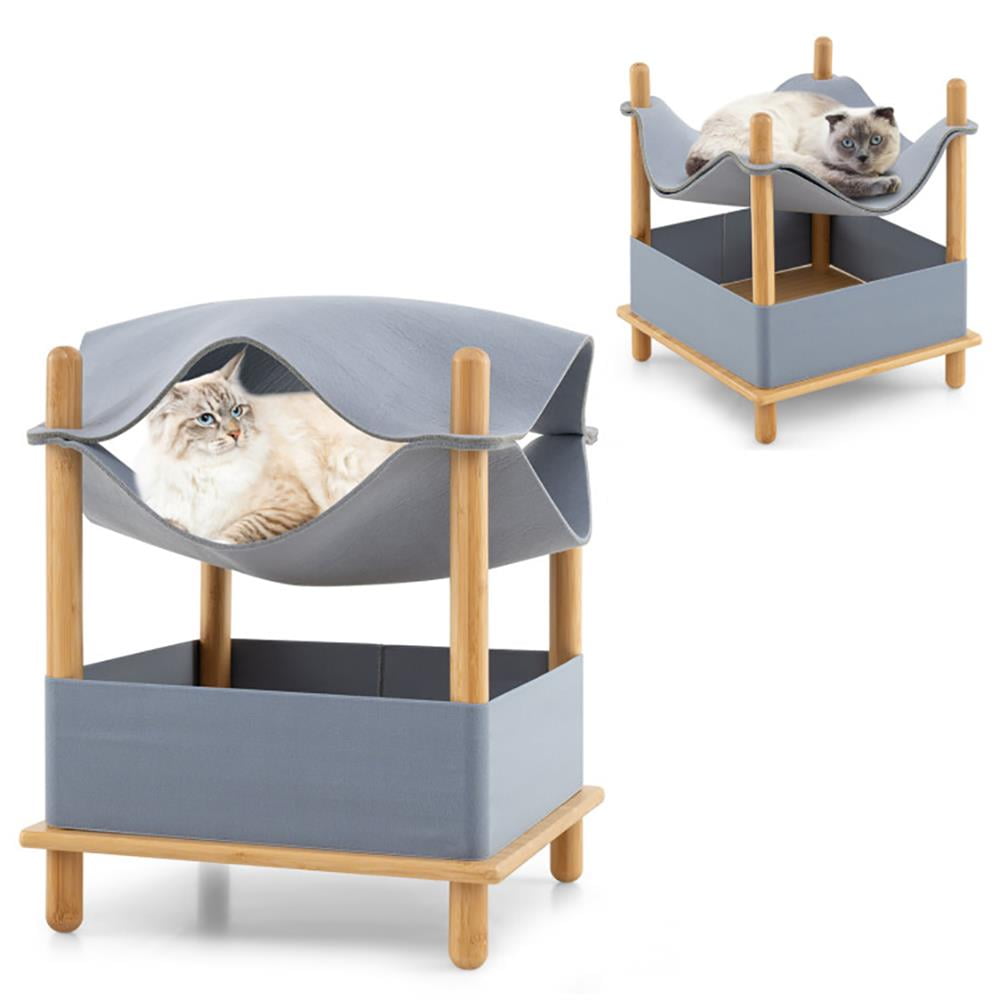 Resenkos 2-Tier Wooden Cat House with Semi-enclosed Condo and Removable ...