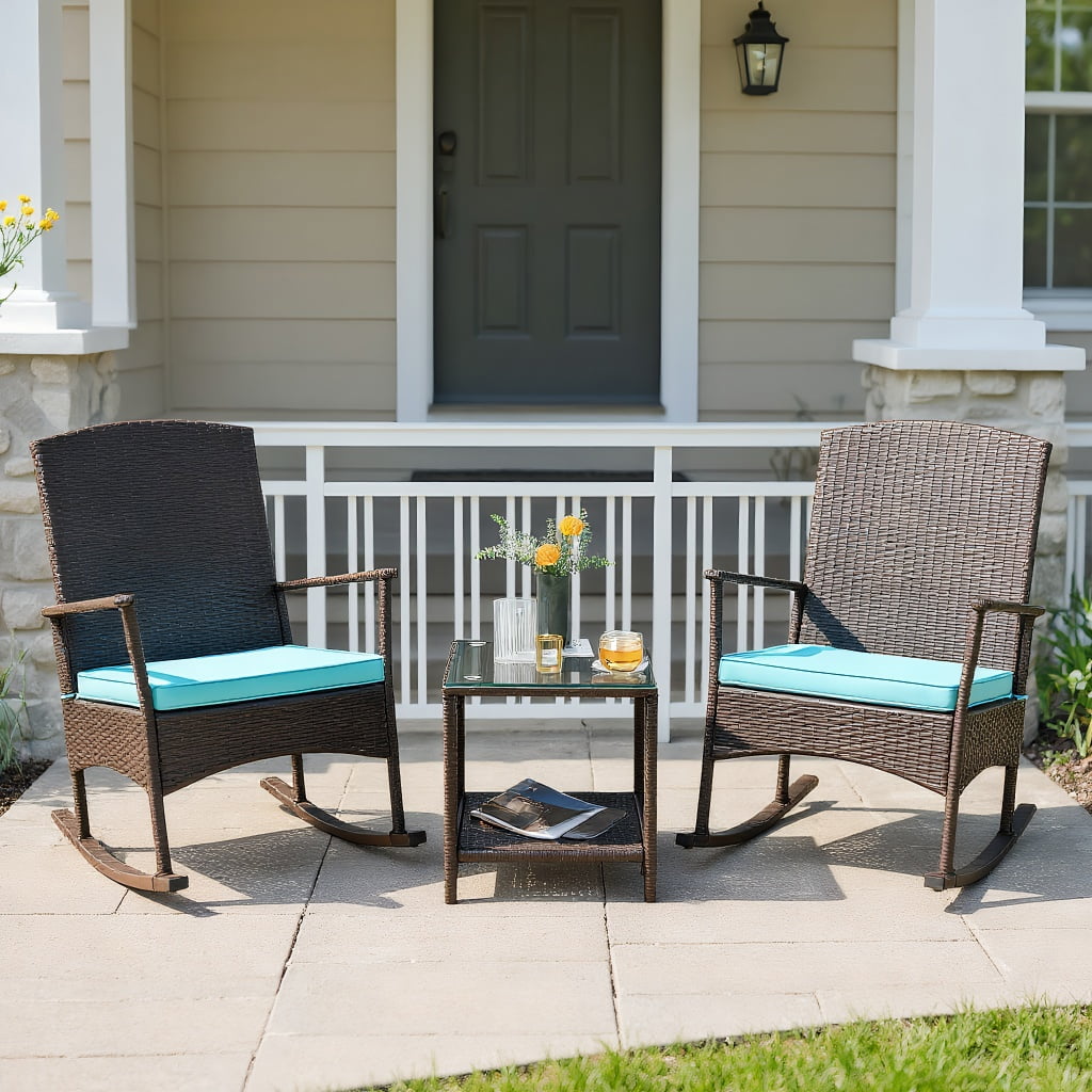 Resenkos 3 Piece Patio Rocking Set Wicker Rocking Chairs, Small Patio ...