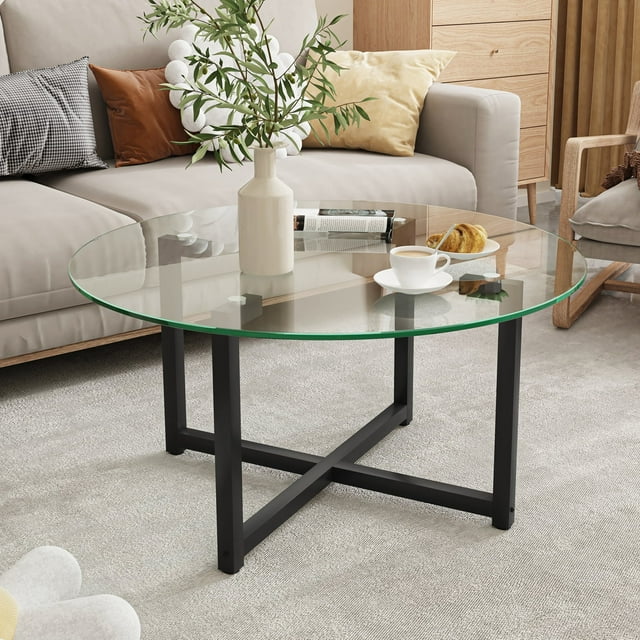 "Resenkos 35.5"" Clear Glass Round Coffee Table with Metal Frame and ...