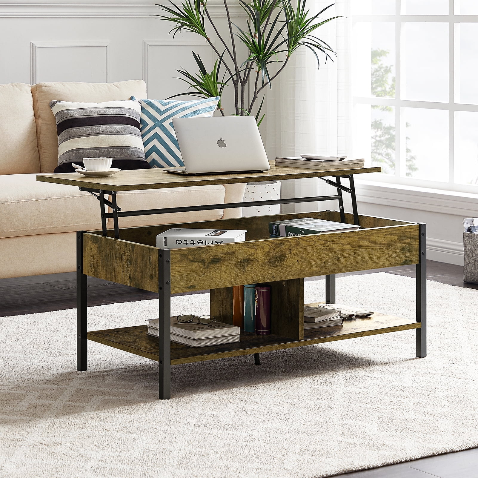 "Resenkos 41"" Modern Wooden Lift Top Coffee Table with Black Metal ...