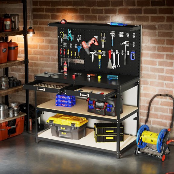 63" Workbench with Drawers Mobile Tool Workbench with Pegboard Portable ...