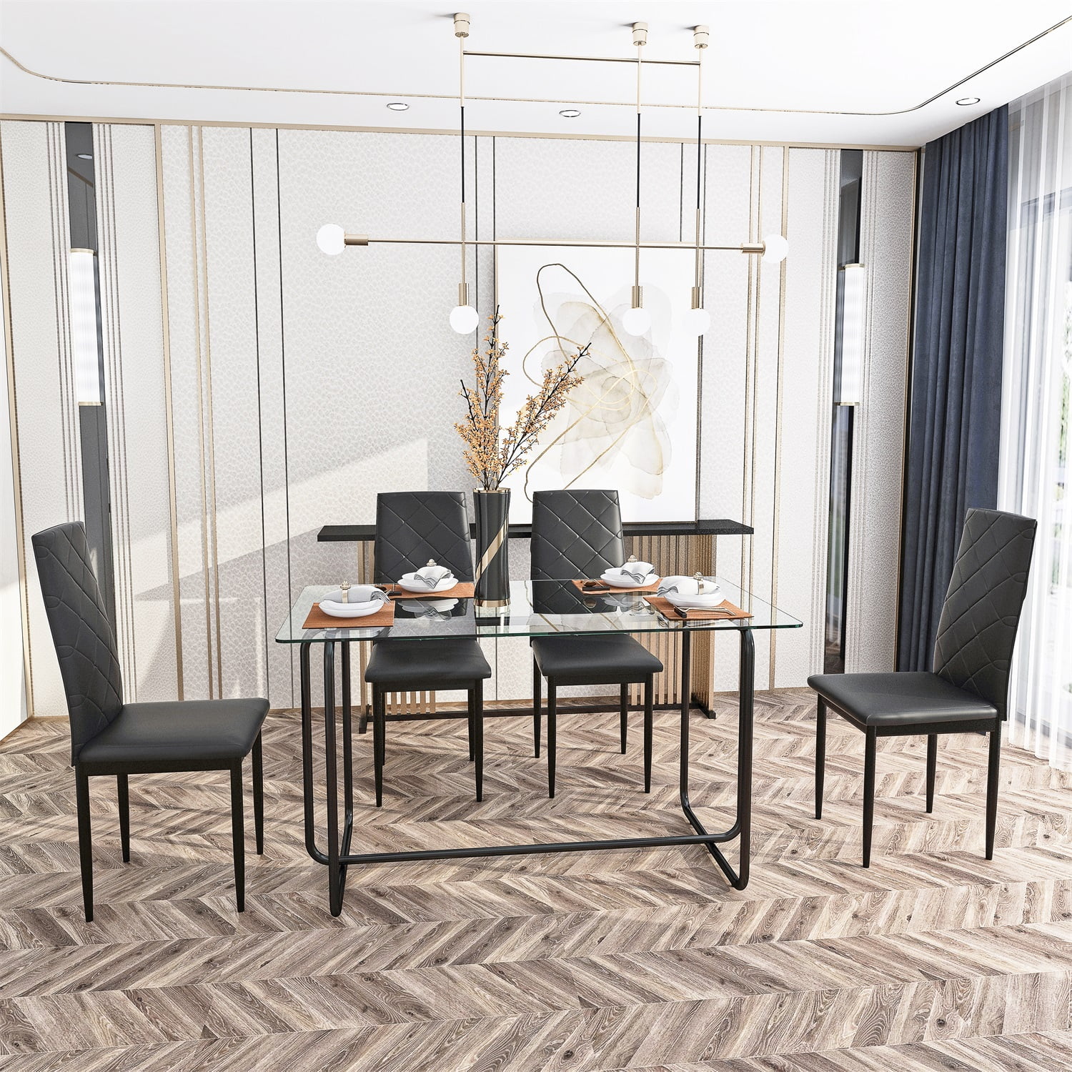 Resenkos 5-Piece Metal and Glass Indoor Modern Rectangular Dining Table ...