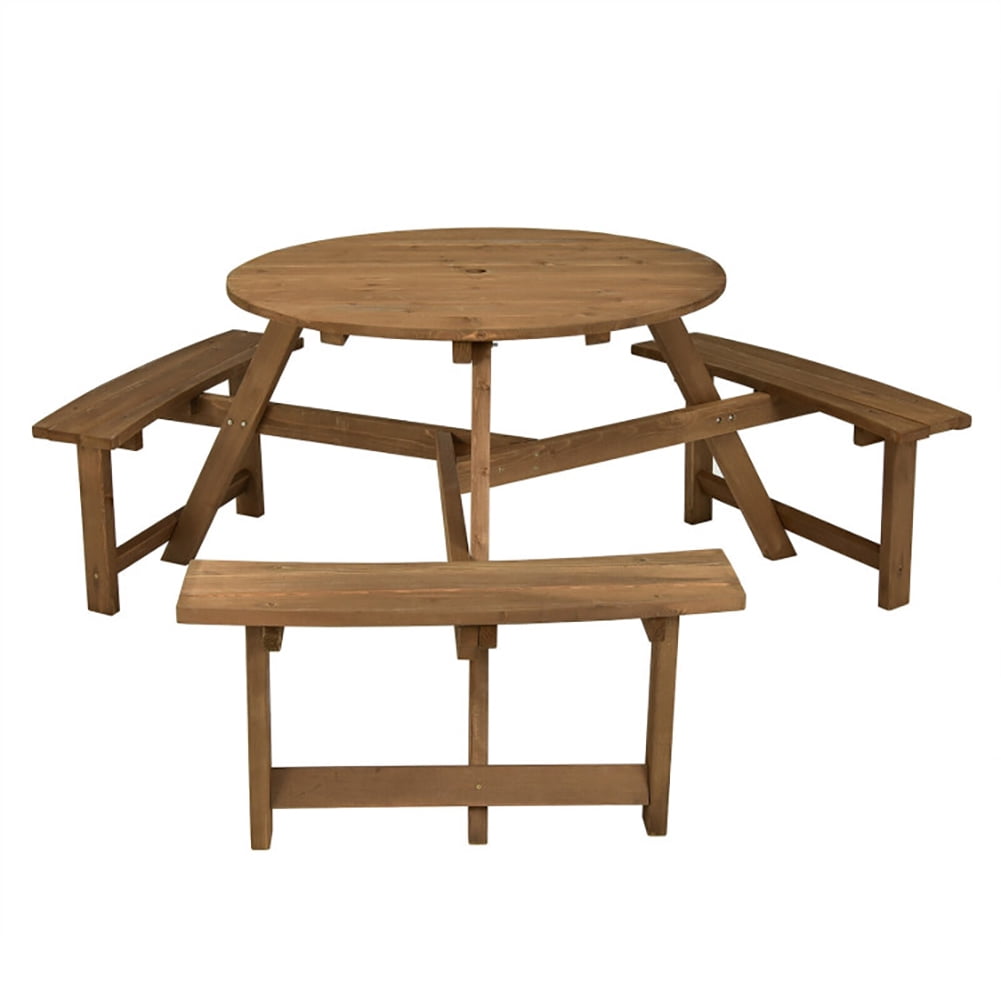 Resenkos Round Wood Picnic Table Umbrella Hole and 3 Built-in Benches ...