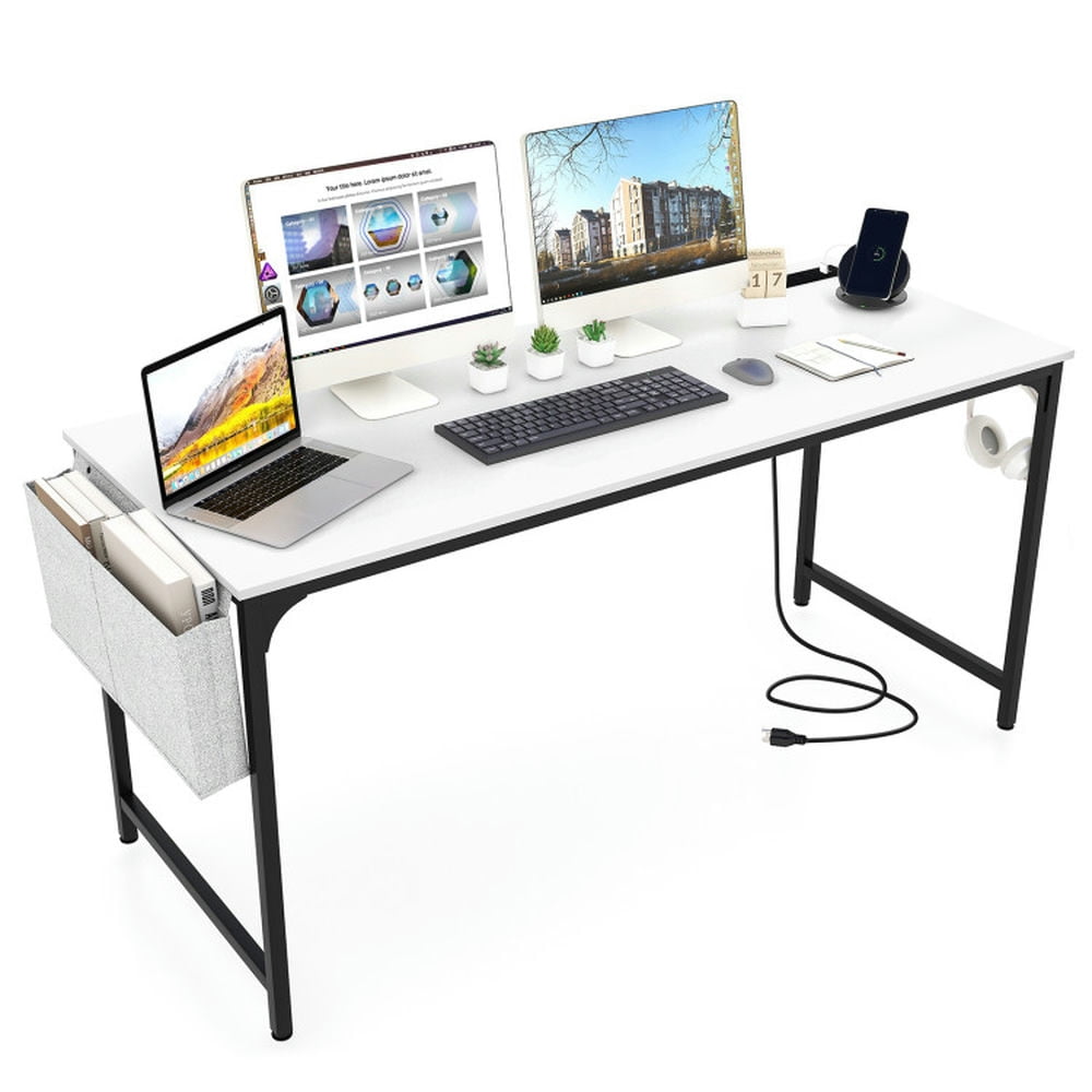Resenkos 60 Inch Computer Desk with Charging Station Storage Bag-White ...