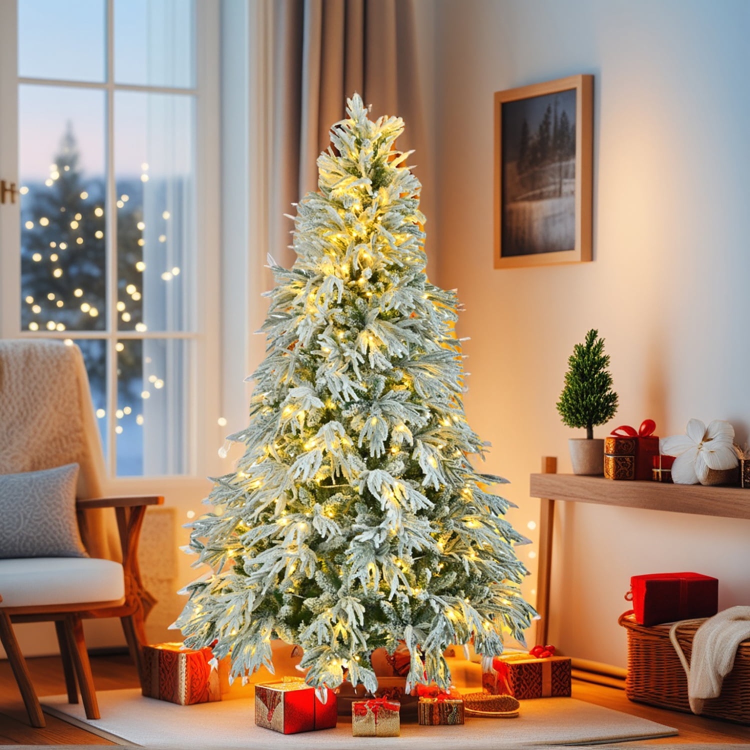 Resenkos 6FT Pre-Lit Spruce Snow Flocked Christmas Tree, Artificial ...