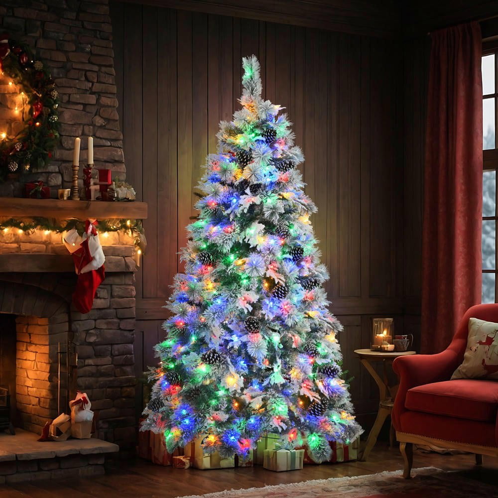 Resenkos 6ft Pre-Lit Snow Flocked Spruce Christmas Tree with Pine Cones ...