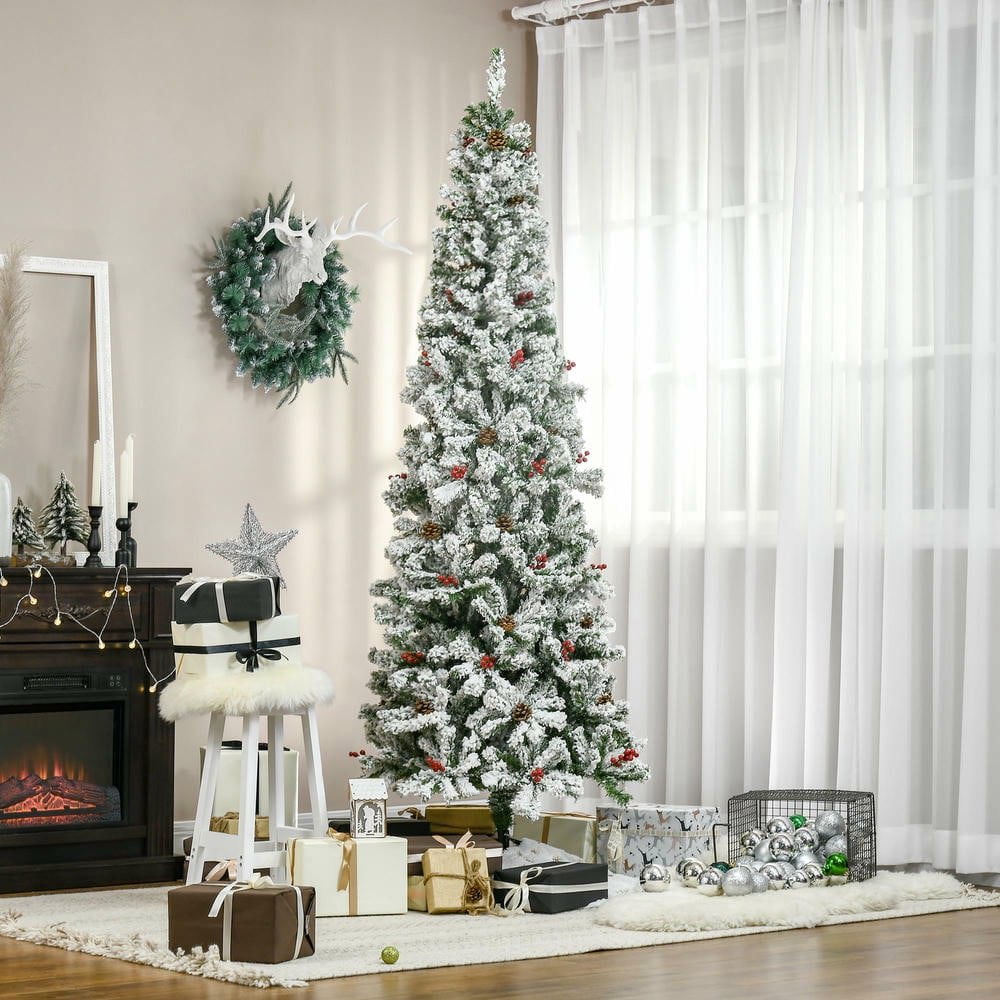 Resenkos 7.5' Slim Artificial Pencil Snow-Flocked Christmas Tree with ...
