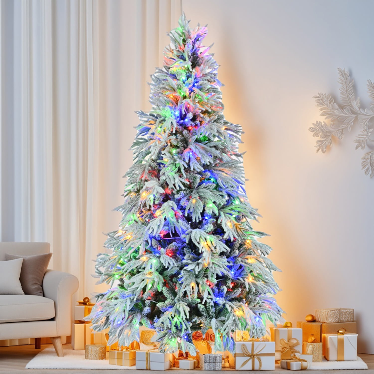 Resenkos 7.5FT Pre-Lit Spruce Snow Flocked Christmas Tree, Artificial ...