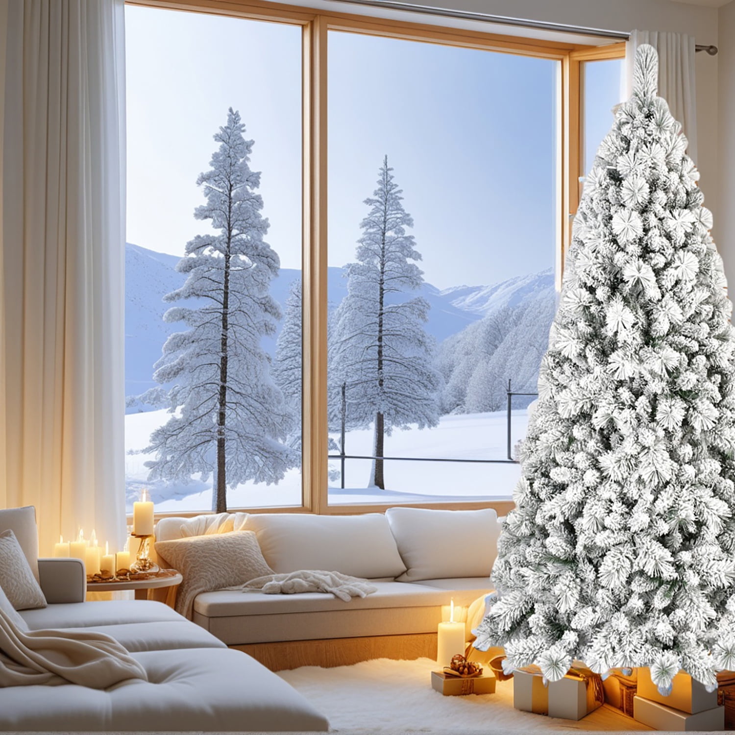 Resenkos 7.5ft Pre-Lit Flocked Artificial Christmas Tree with Snow ...