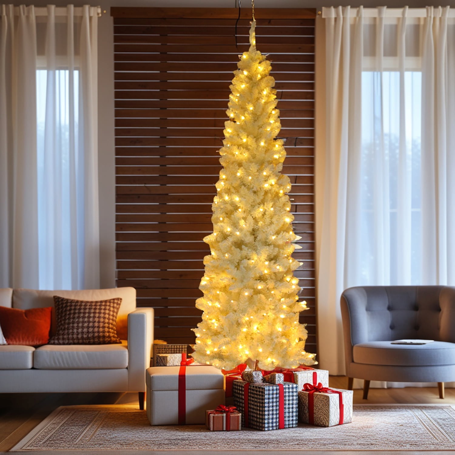 Resenkos 7.5ft Pre-Lit Flocked Christmas Tree with Tied Warm White ...