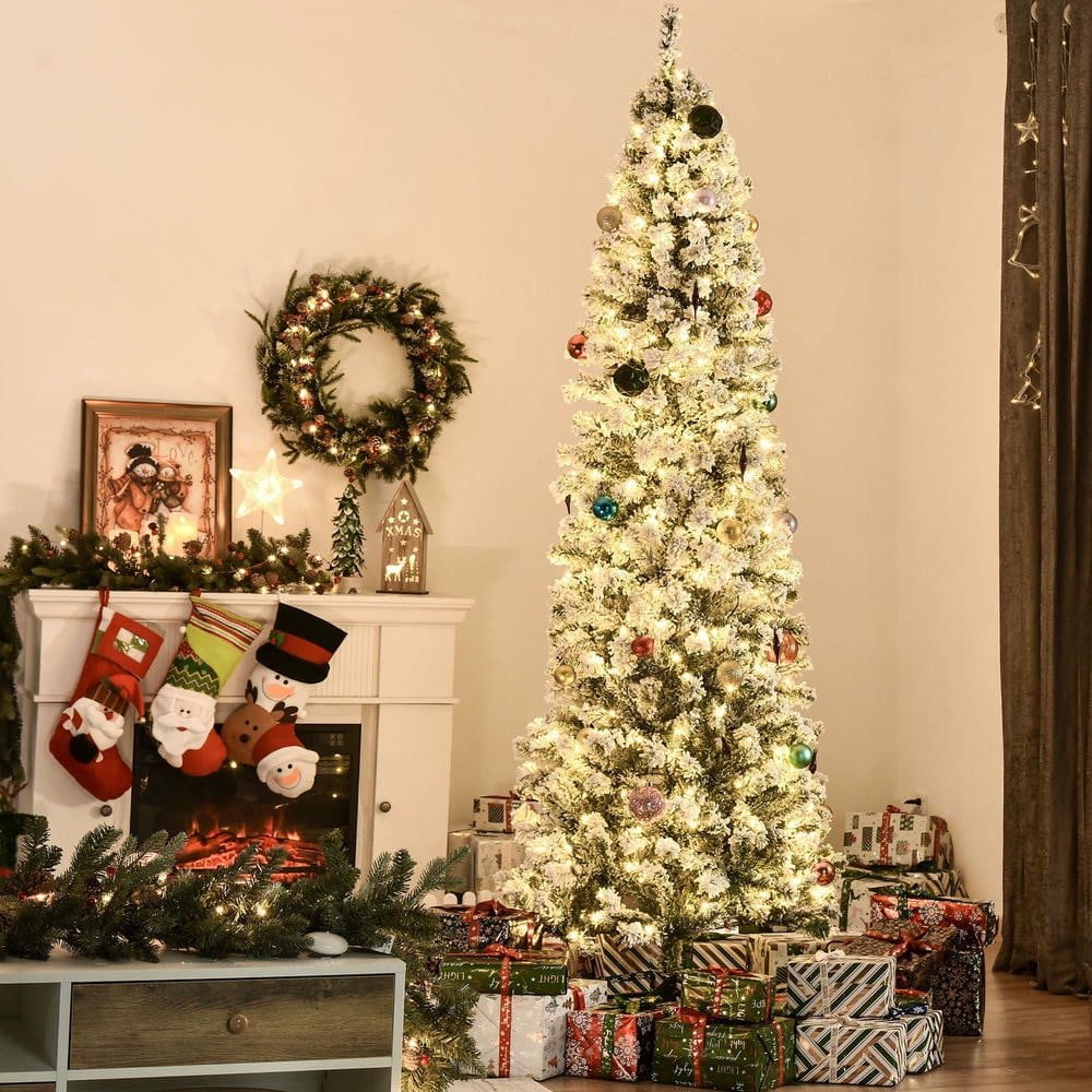 Resenkos 7.5ft Pre-Lit Slim Artificial Snow-Flocked Douglas Fir ...