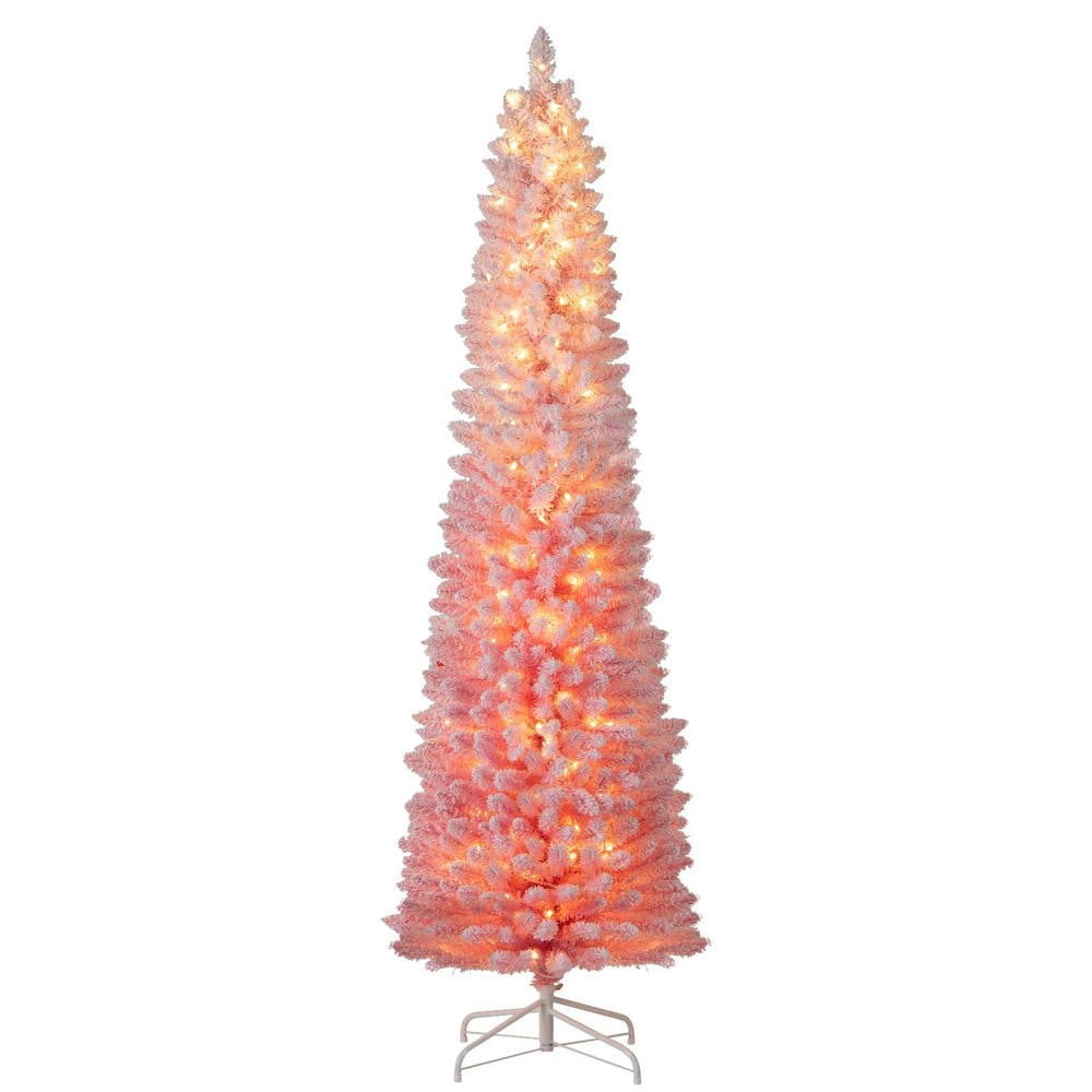 Resenkos 7-Ft Pre-Lit Snow Flocked Artificial Pink Christmas Tree ...