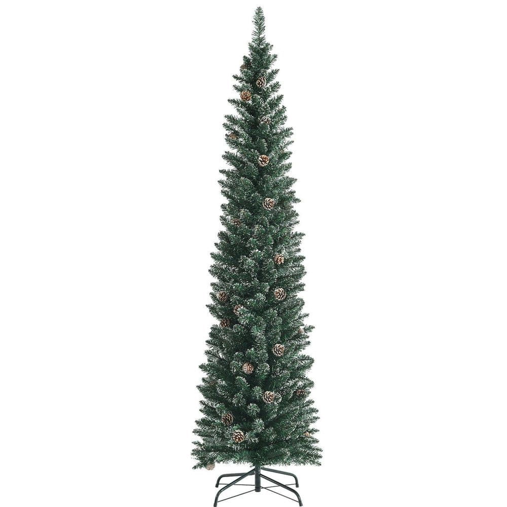 Resenkos 7-Ft Snowy Pencil Artificial Christmas Tree with Pine Cones ...