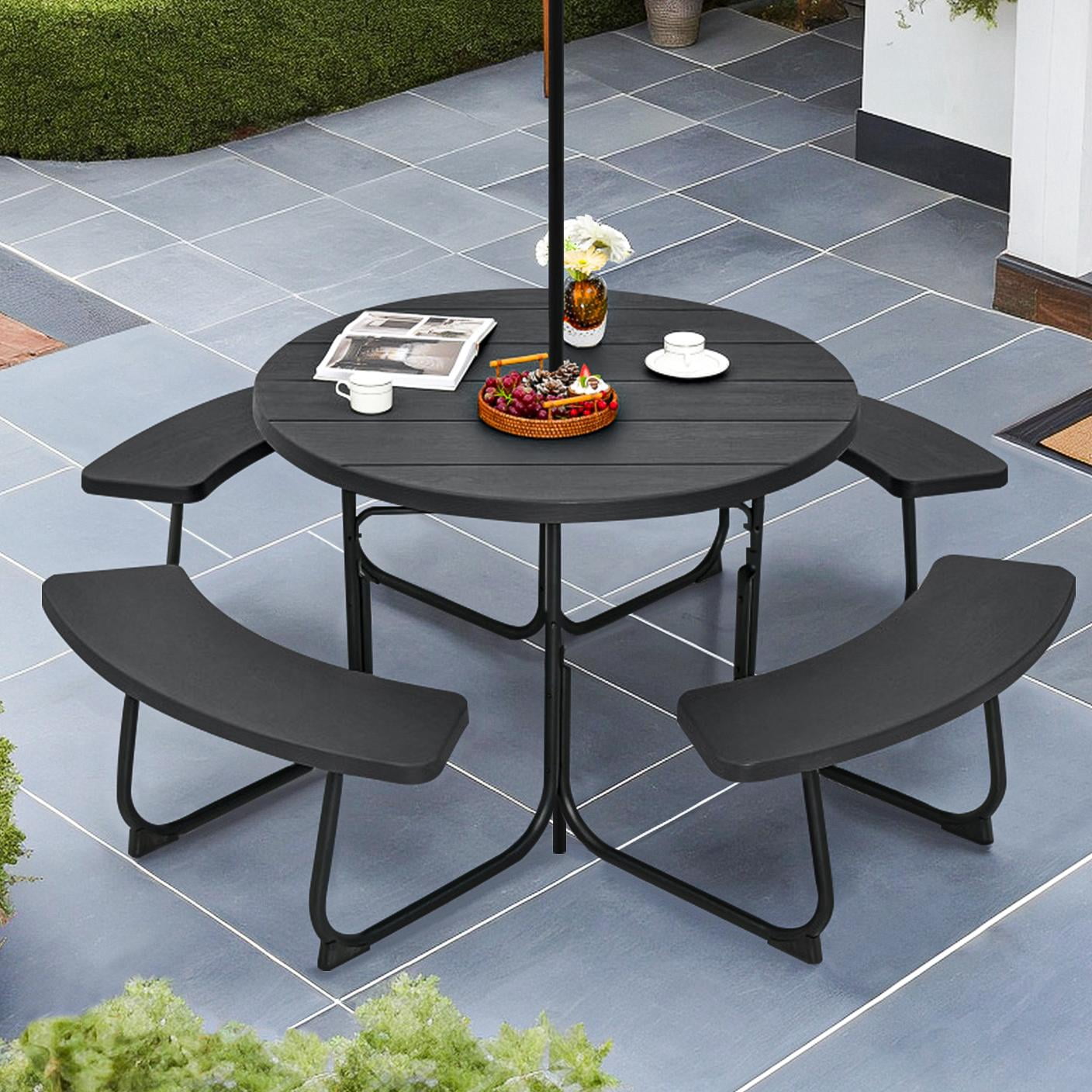 Resenkos 8-Adults Round Picnic Table & Bench Set with Umbrella Hole ...