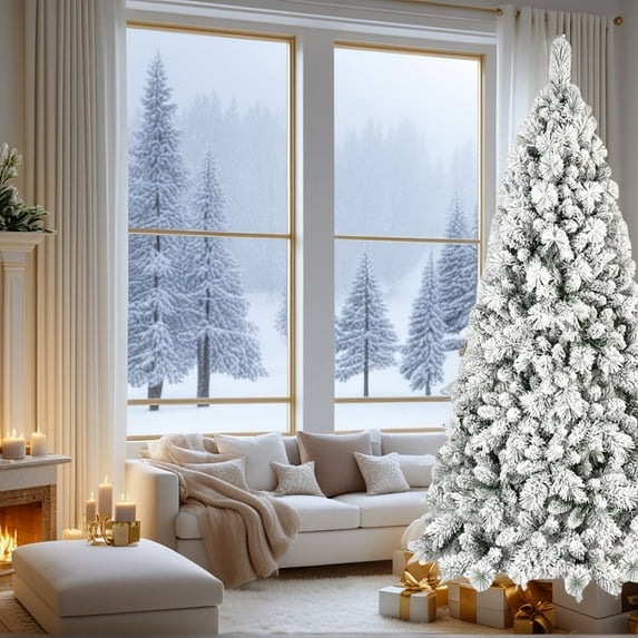 Resenkos 8ft Pre-Lit Flocked Christmas Tree with Snow Tips & Easy ...