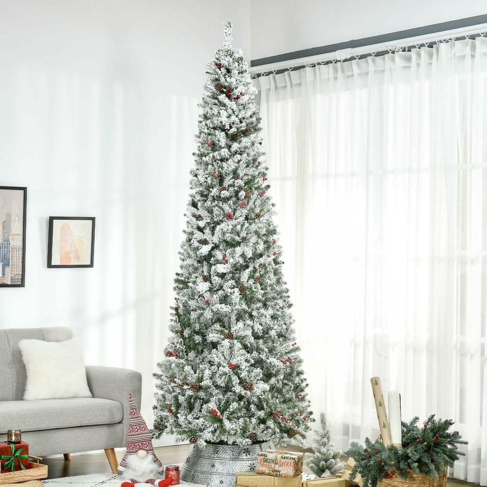 Resenkos 9ft Slim Artificial Pencil Snow-Flocked Christmas Tree with ...