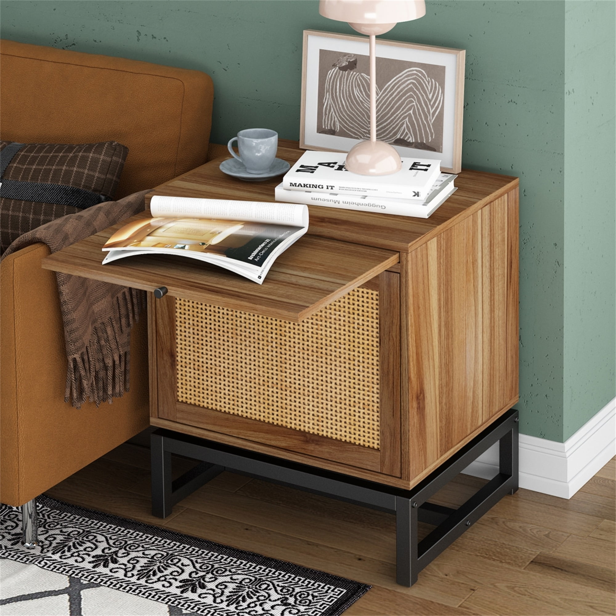 Resenkos Accent Nightstand with Pull-out Table Top, Natural Rattan Door ...
