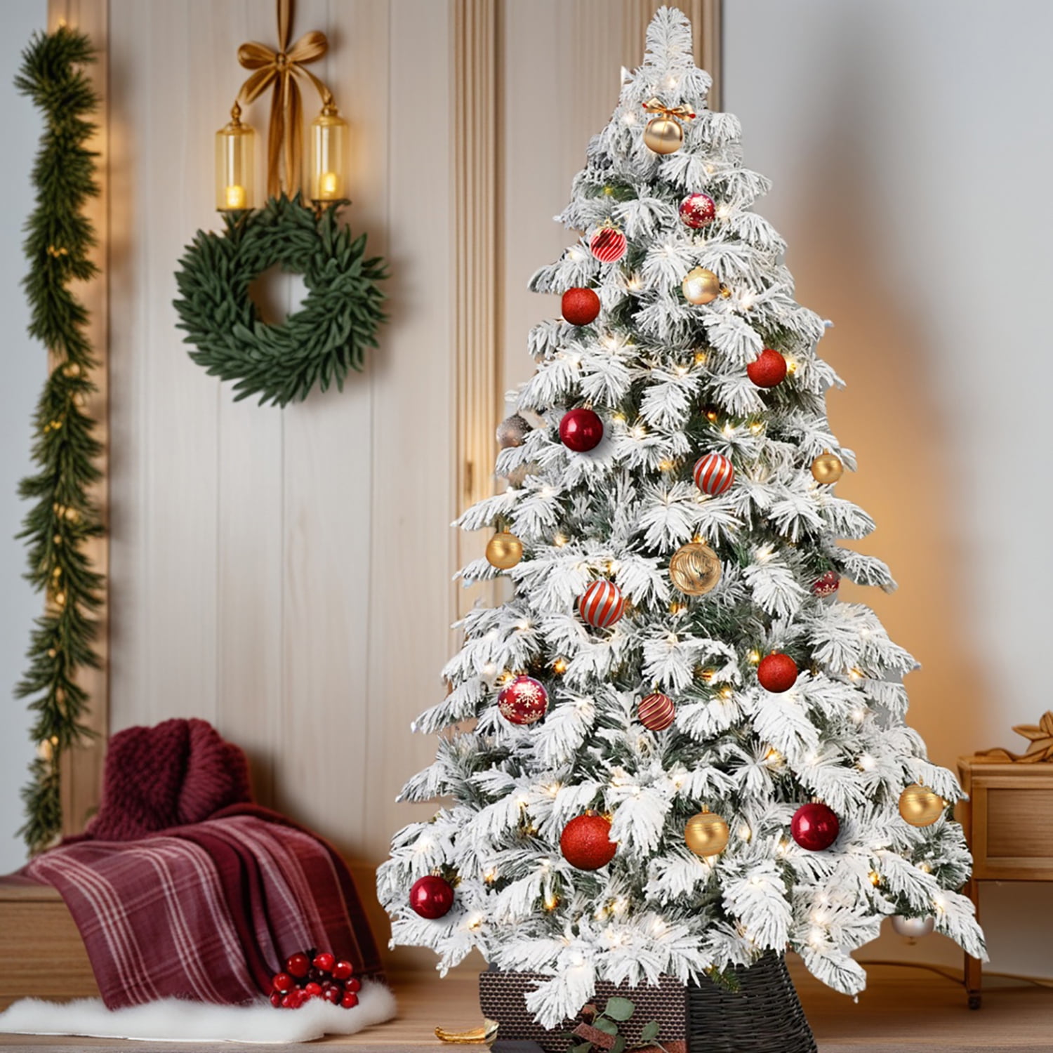 Resenkos Artificial 6ft Flock LED-lit Christmas Tree with 594PE/PVC ...